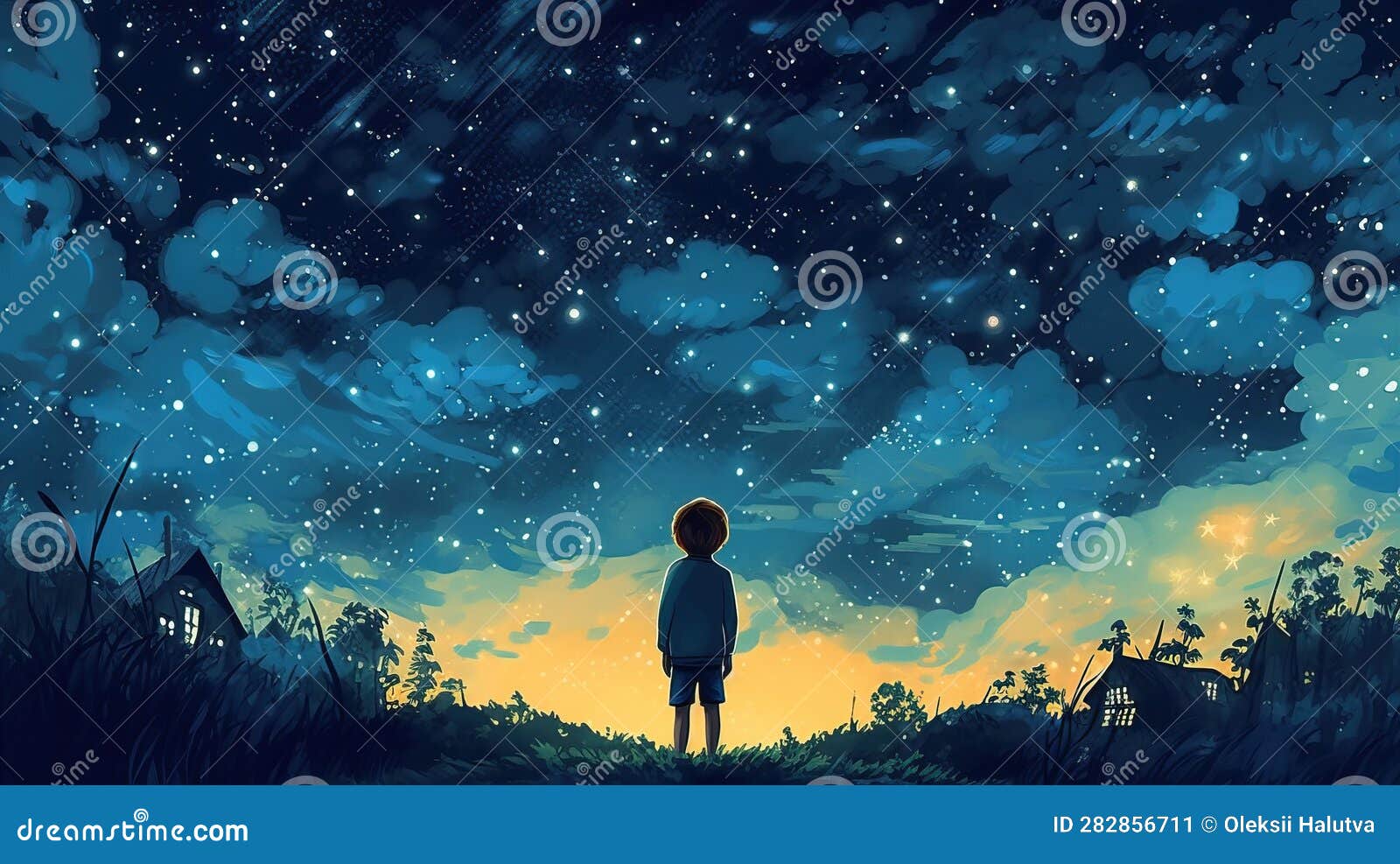 A Young Boy Gazing at the Starry Night Sky Stock Illustration ...