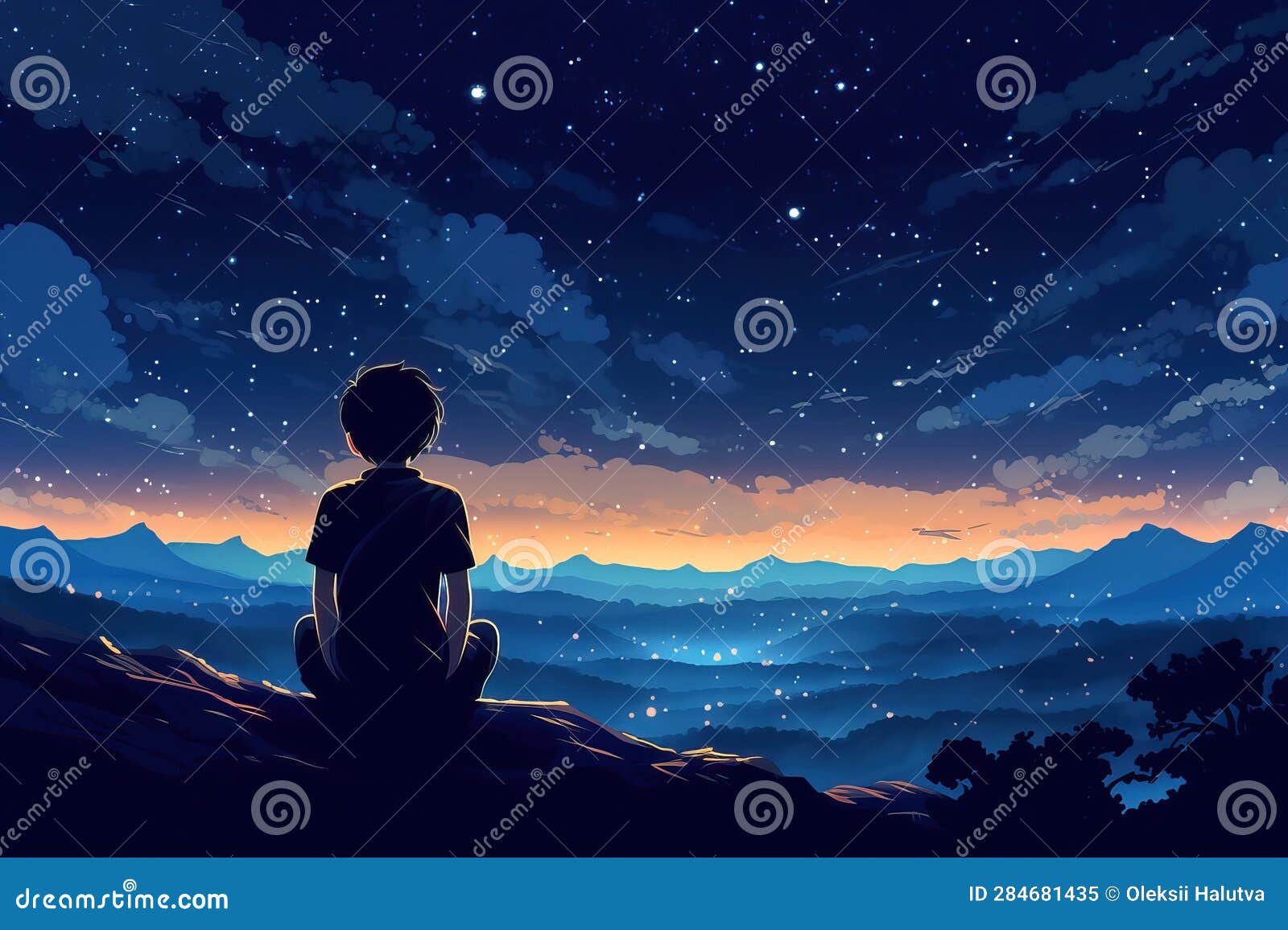 A Young Boy Gazing at the Starry Night Sky Stock Illustration ...