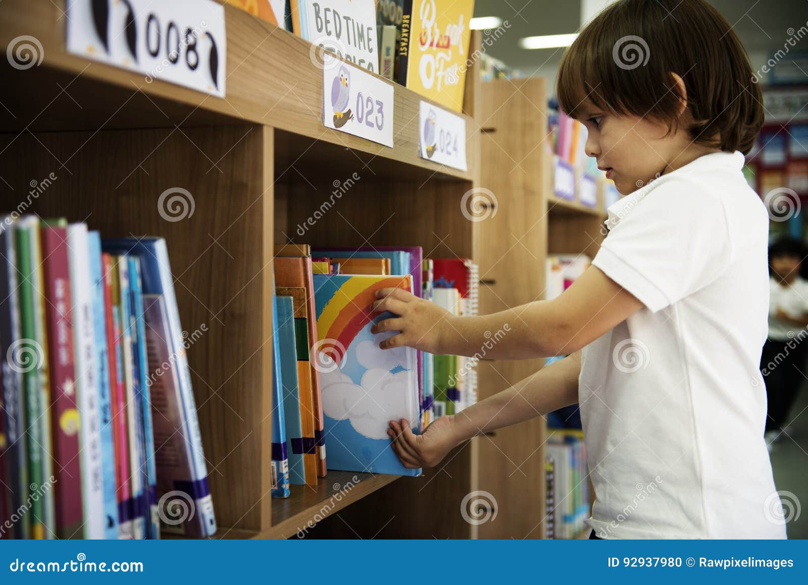 Young Boy Getting Children Story Book from Shelf in Library Stock Photo ...