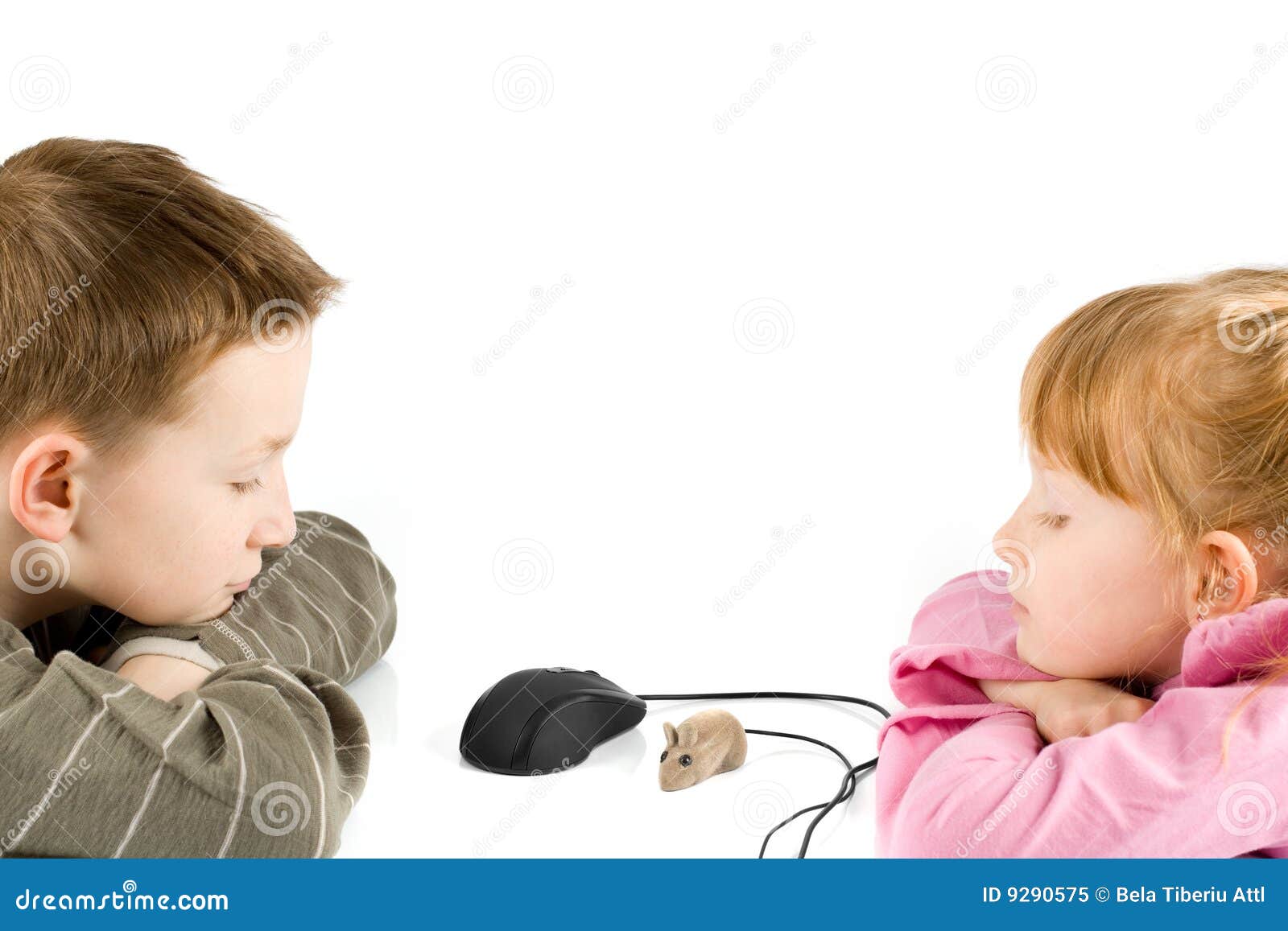 Young Boy and Girl Looking at Mouse Stock Image - Image of white ...