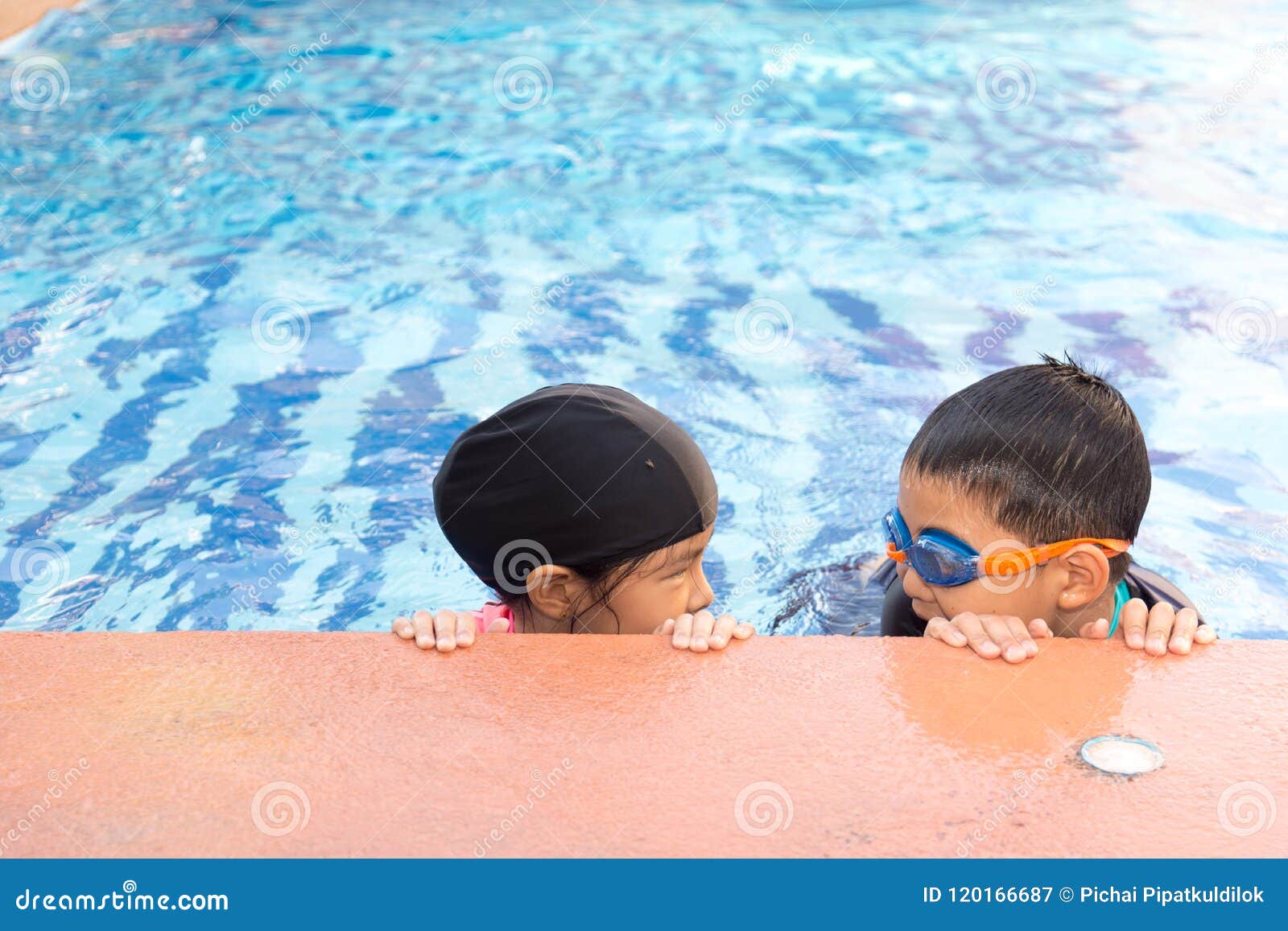 Young Boy and Girl Swimming in Pool. Stock Image - Image of goggles ...