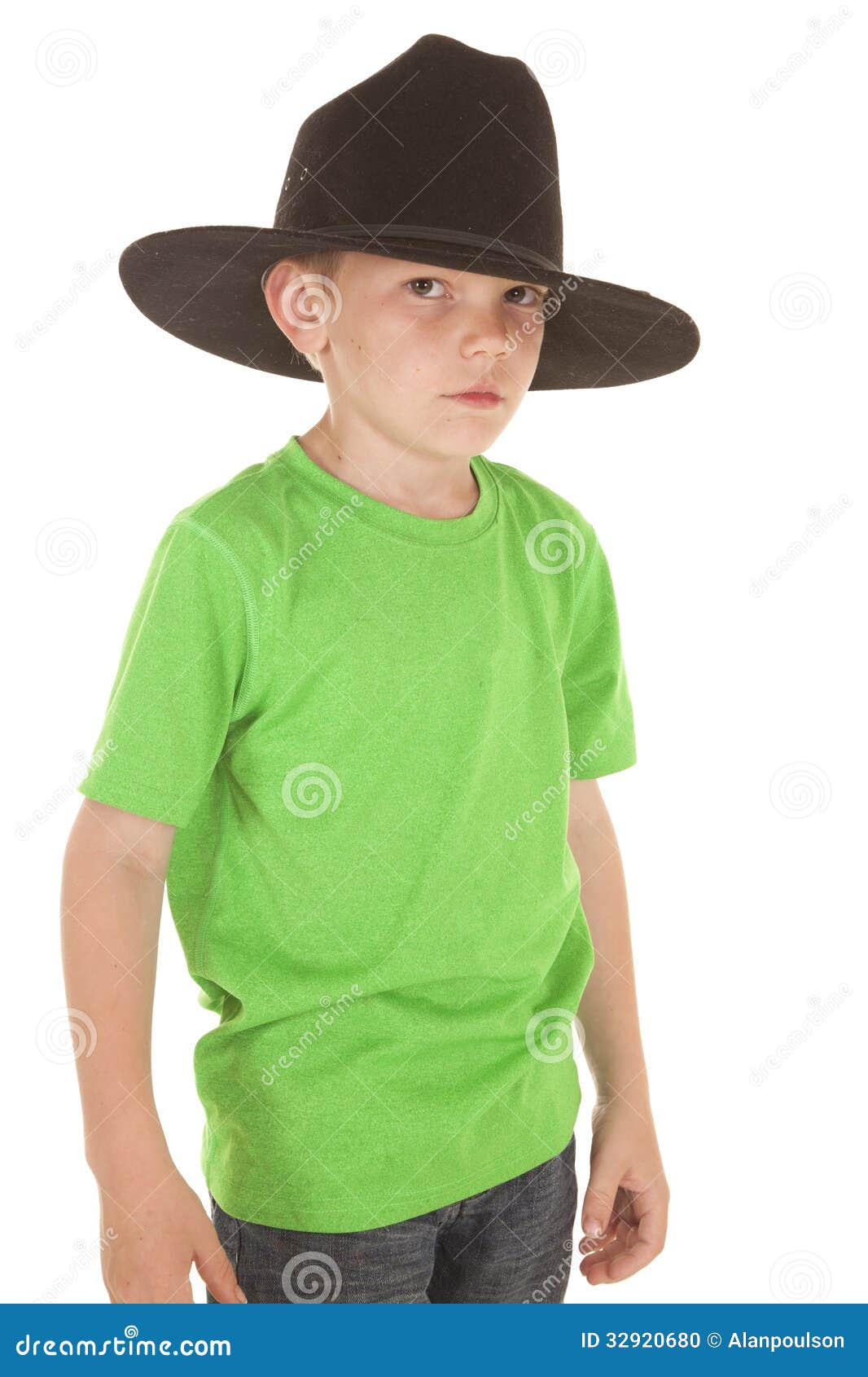 Young Boy Green Shirt Cowboy Hat Serious Stock Photo - Image of farm ...