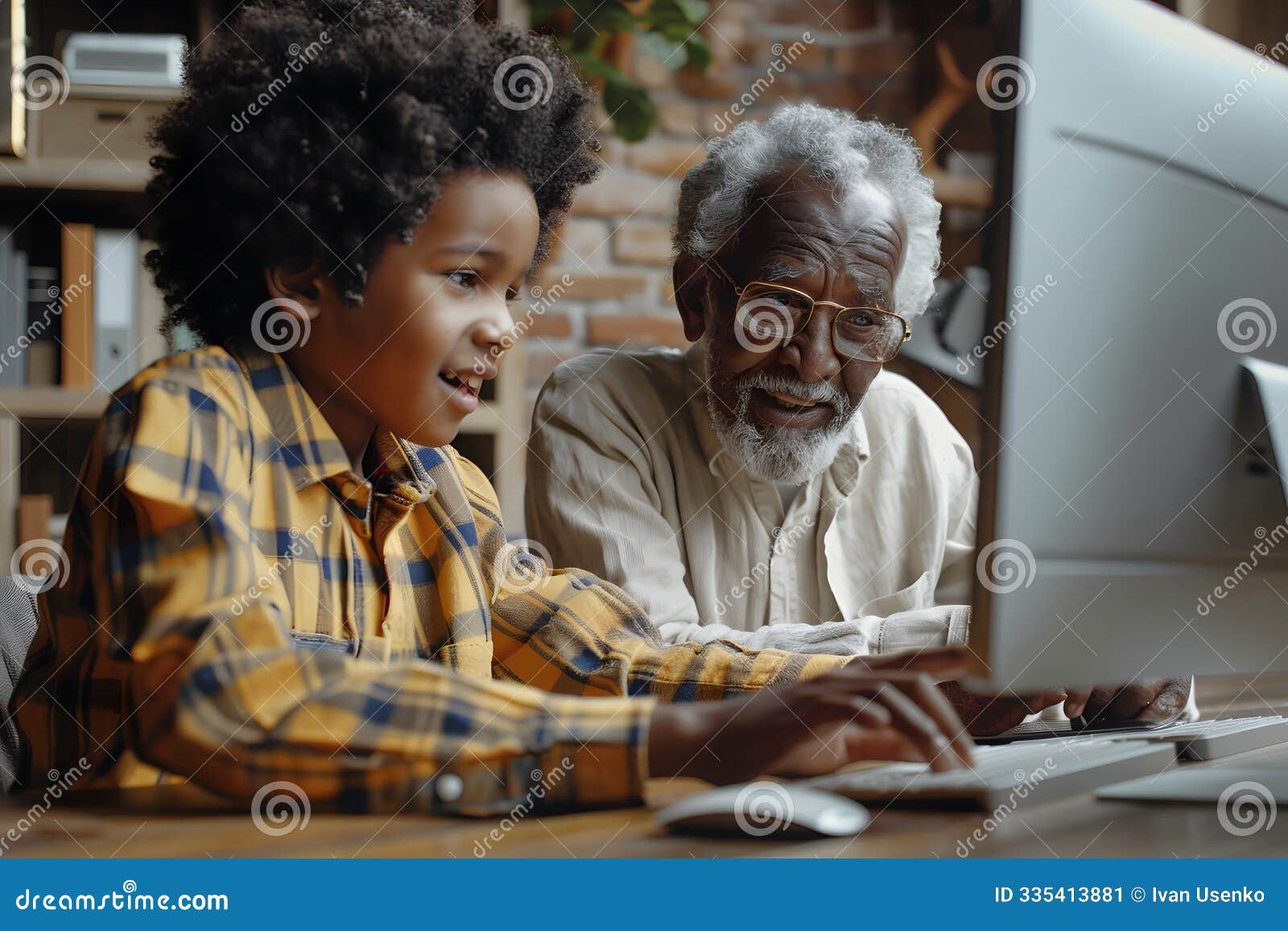 Young Boy Helping Older Man on Computer in Office Stock Image - Image ...
