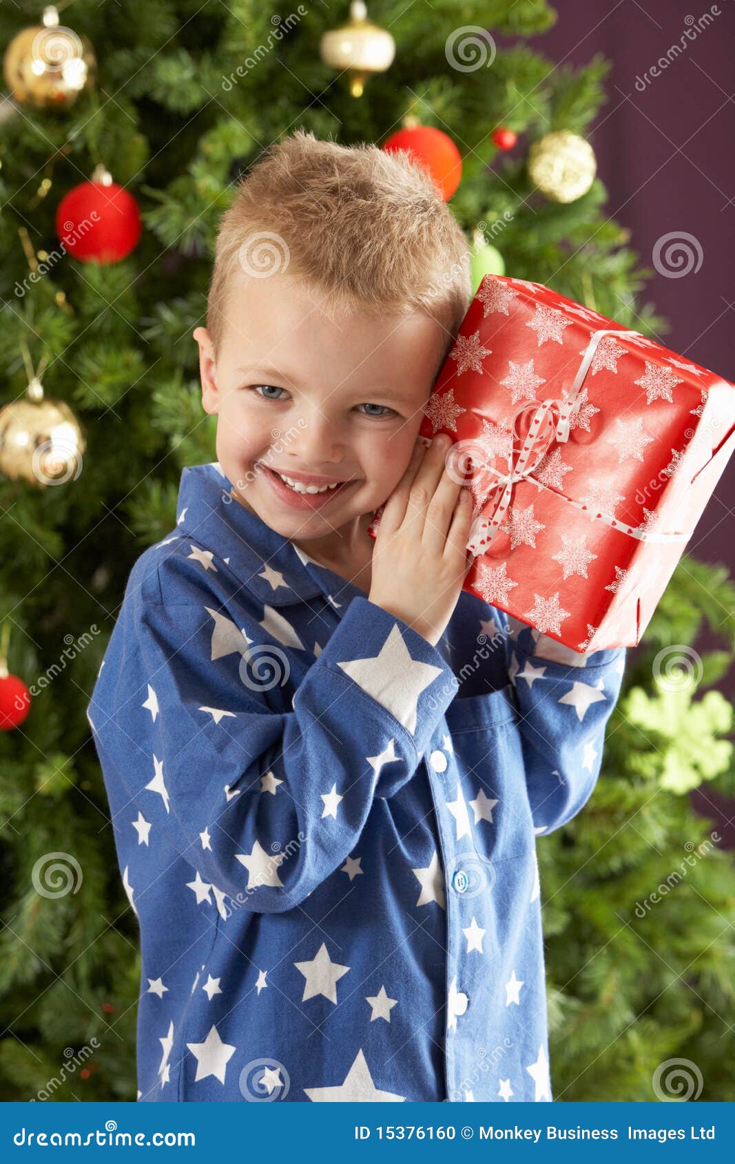 Young Boy Holding Wrapped Present in Front of Tree Stock Photo - Image ...