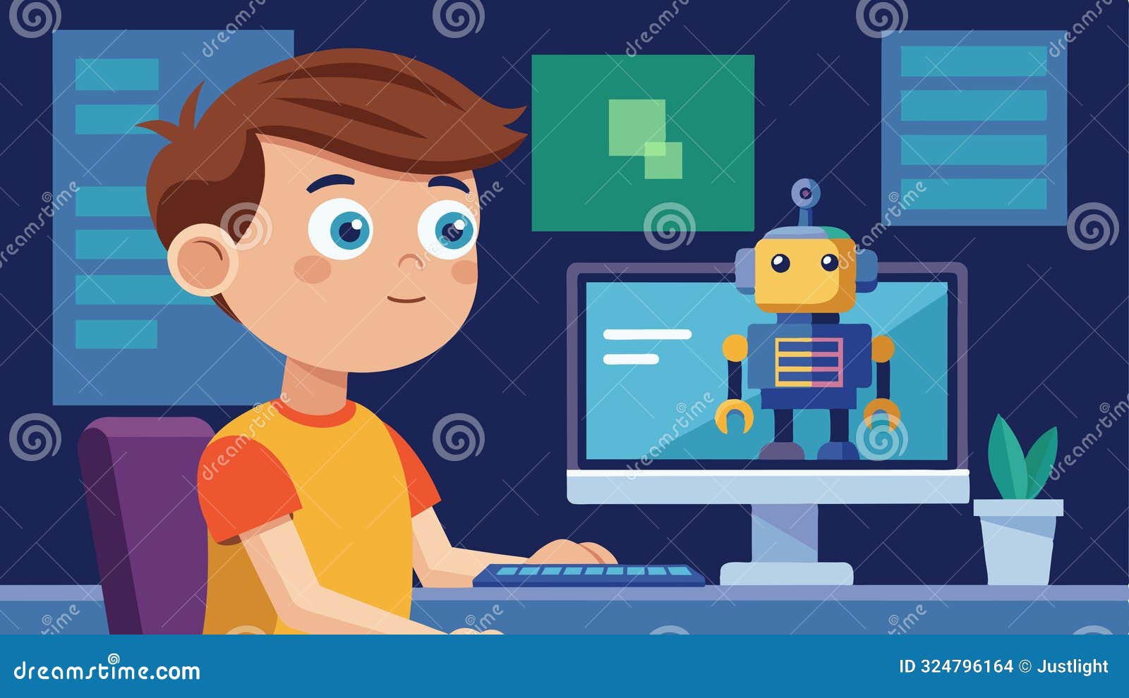 A Young Boy Intently Watching a Video Tutorial on the Computer Learning ...