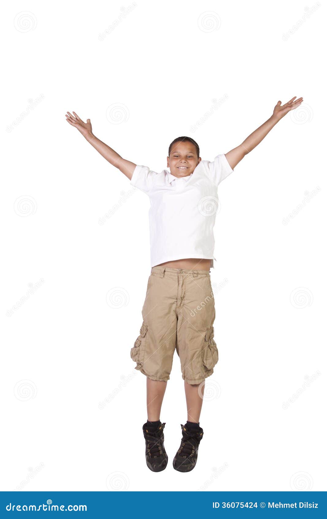 Young Boy Jumping Over White Background Stock Photo - Image of arms ...