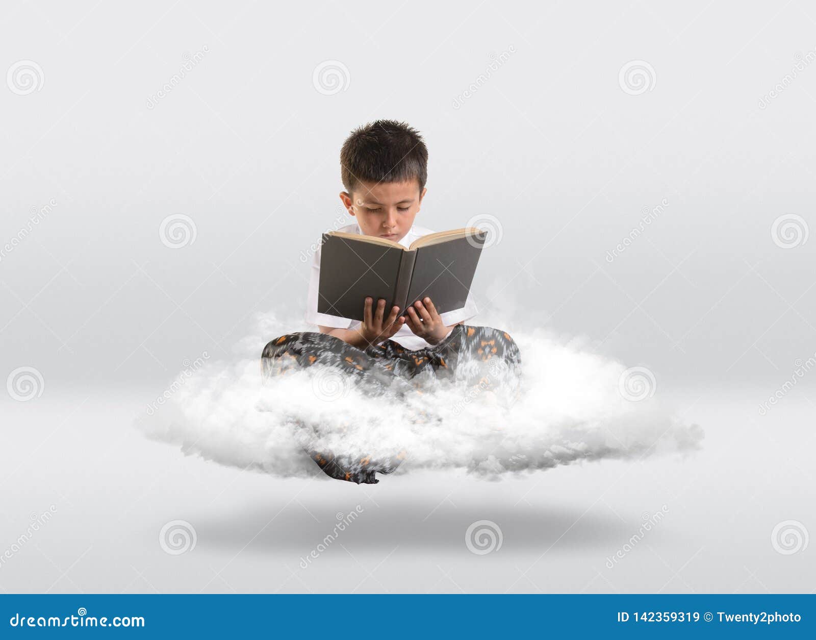 Young Boy Levitating on Cloud while Reading a Book Stock Illustration ...