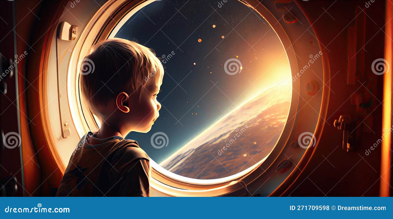 Young Boy Looking Out the Window in a Spaceship. Stock Illustration ...