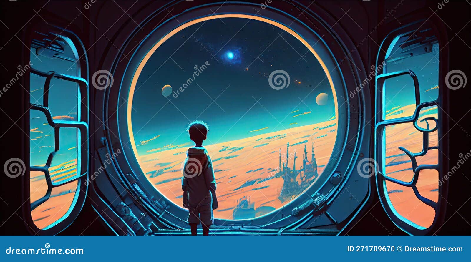 Young Boy Looking Out the Window in a Spaceship. Stock Illustration ...
