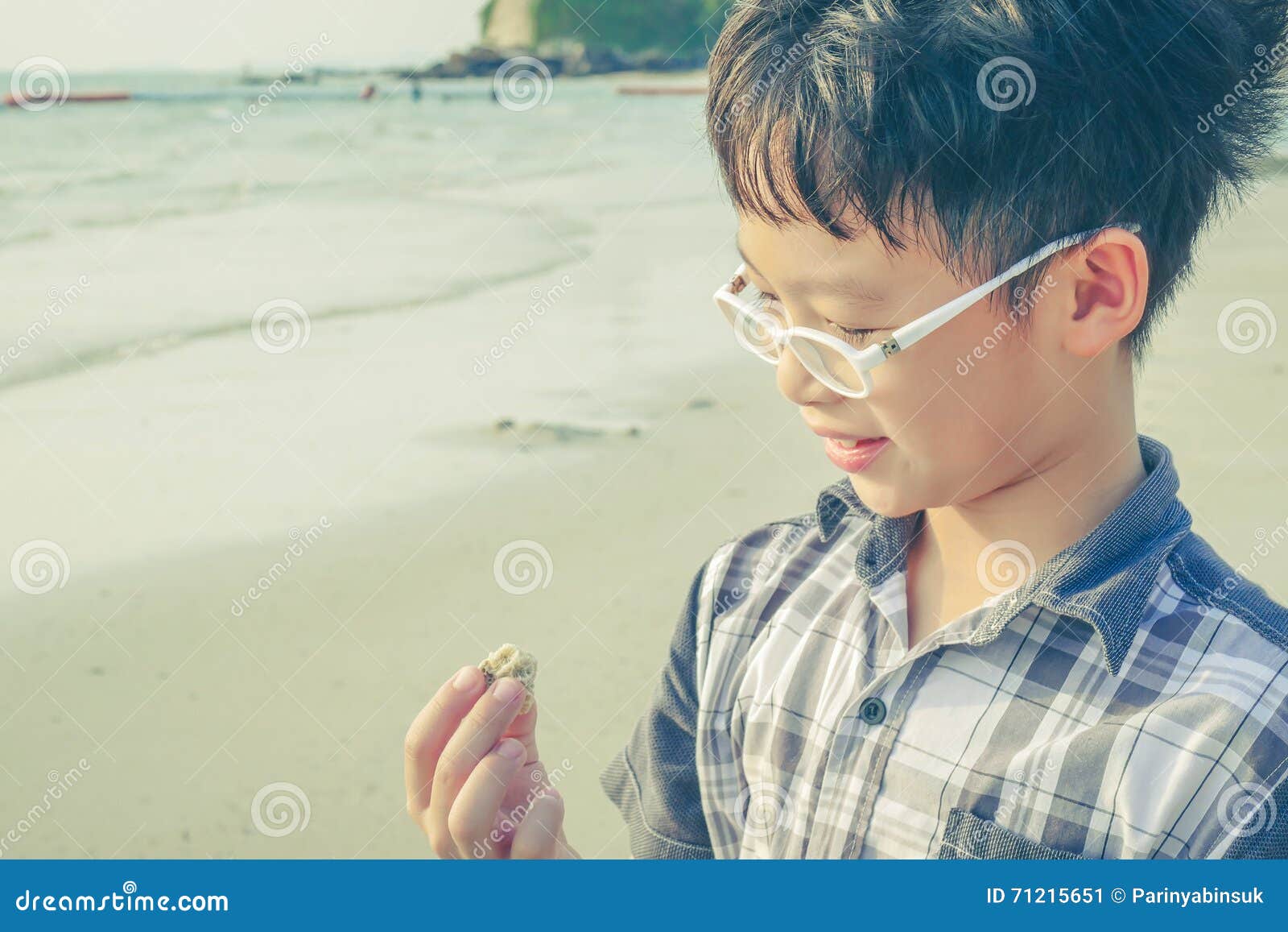 Young Boy Looking at Shell on the Beach Stock Image - Image of seashell ...