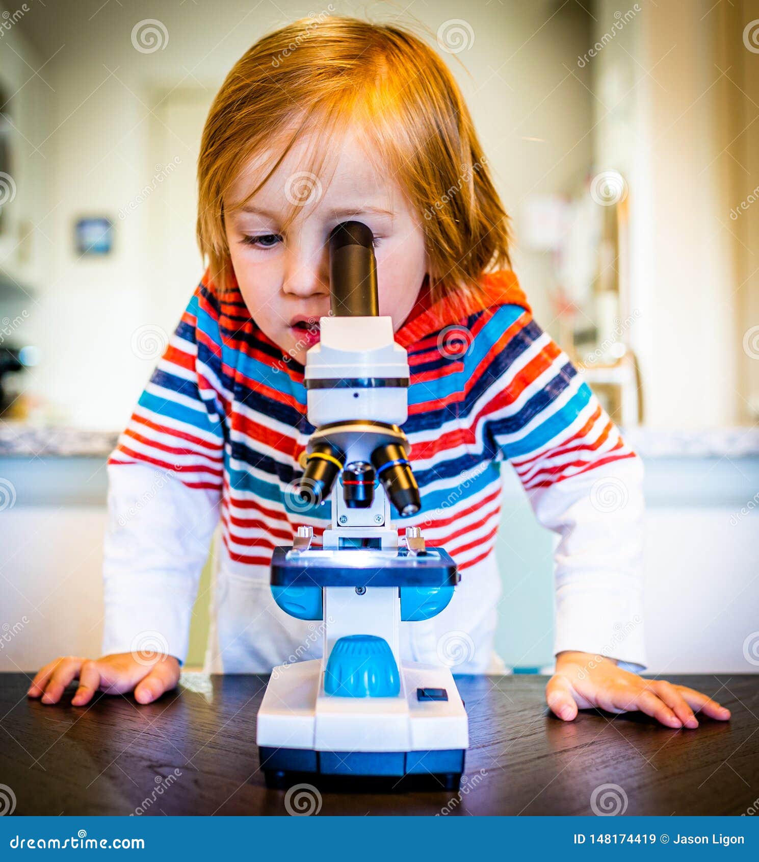 Young Boy Looks through Microscope Stock Image - Image of little ...