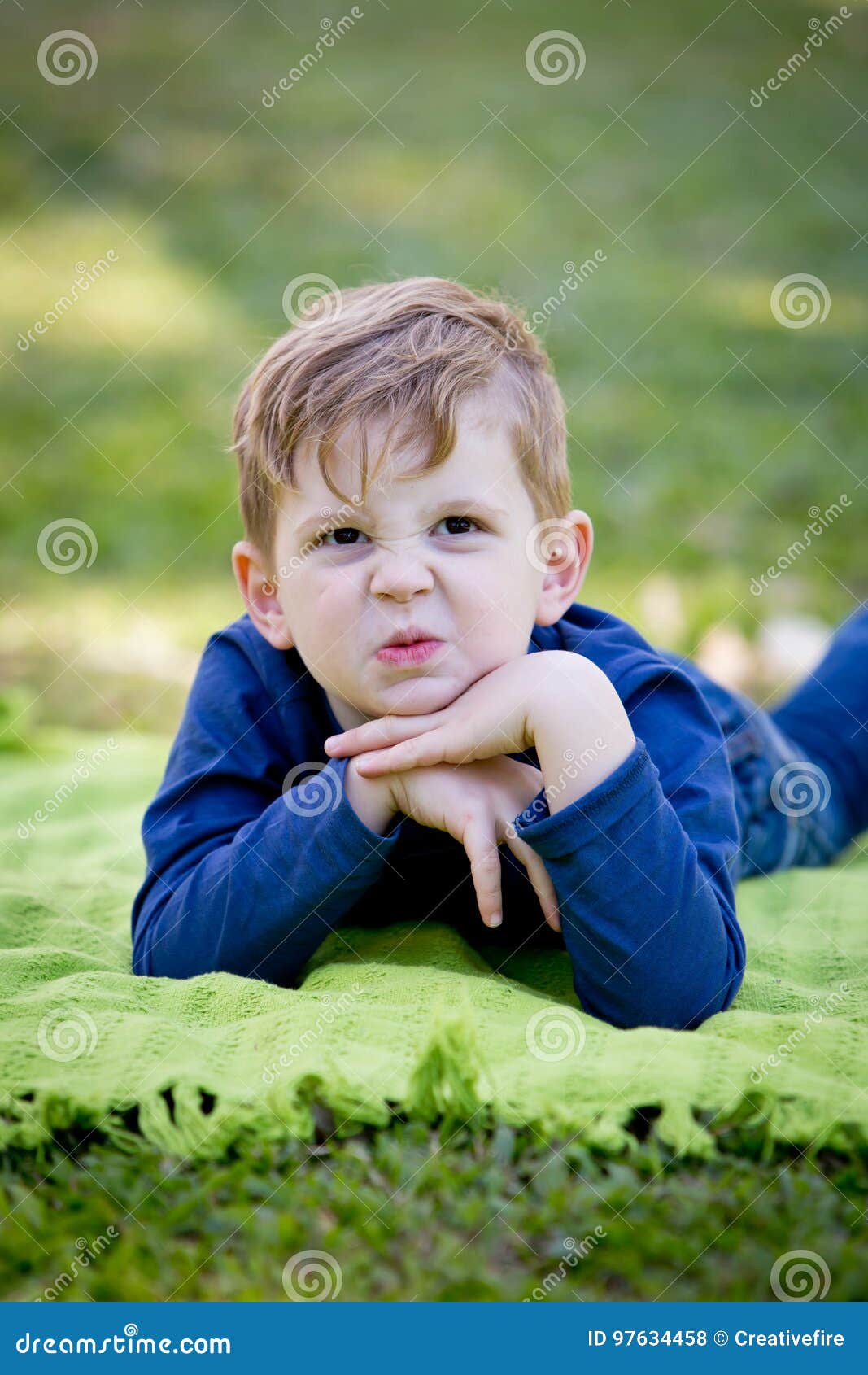 Young Boy Making Face while Laying on Blanket in Park Stock Photo ...