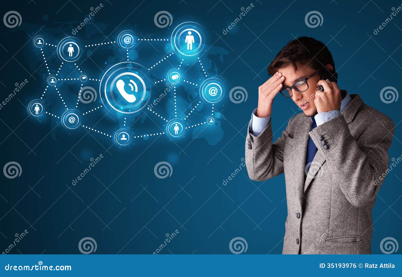 Young Boy Making Phone Call with Social Network Icons Stock Photo ...