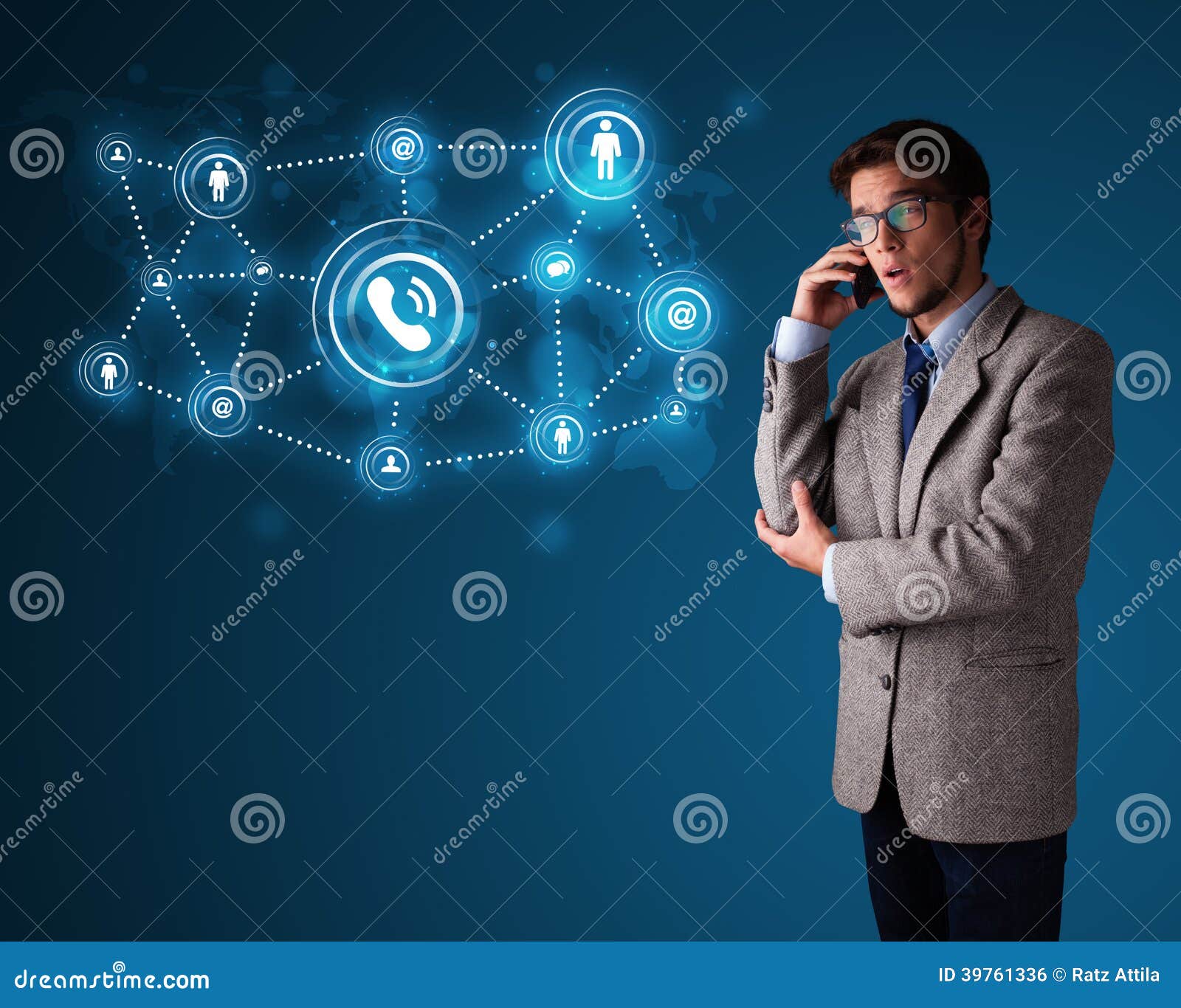 Young Boy Making Phone Call with Social Network Icons Stock Photo ...