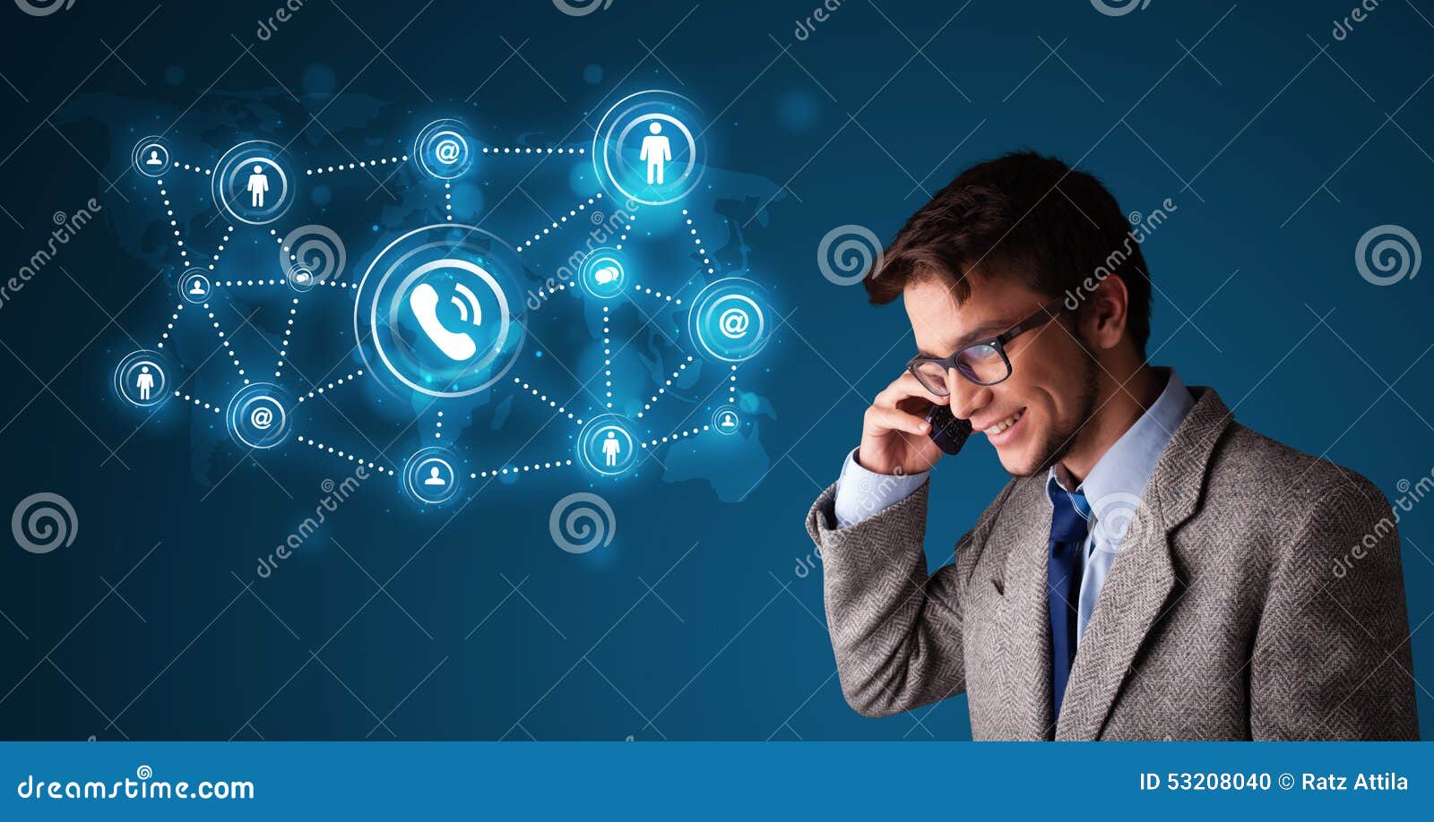 Young Boy Making Phone Call with Social Network Icons Stock Photo ...