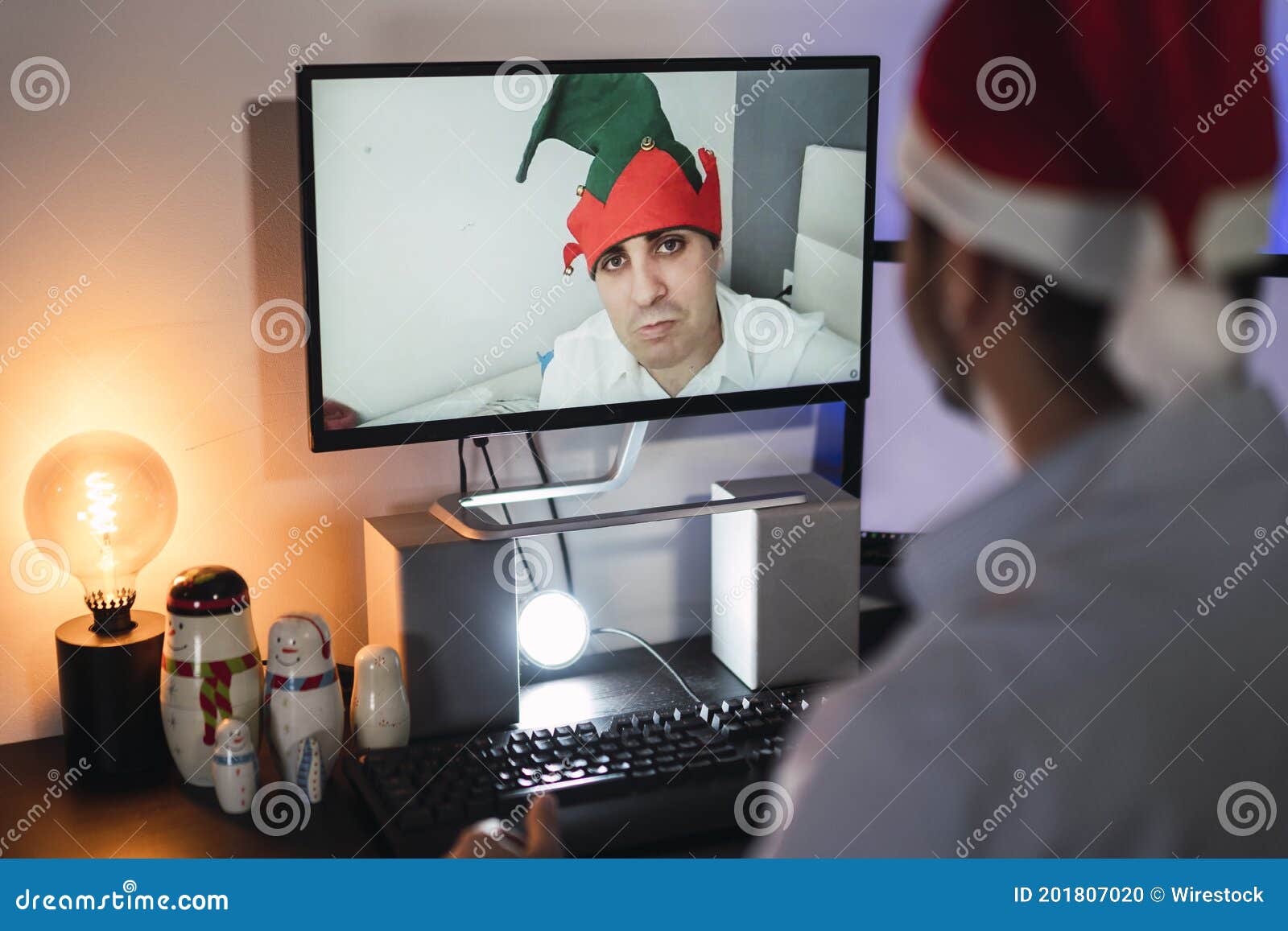 Young Boy Making Video Call at Christmas with a Mask for Prevention of ...