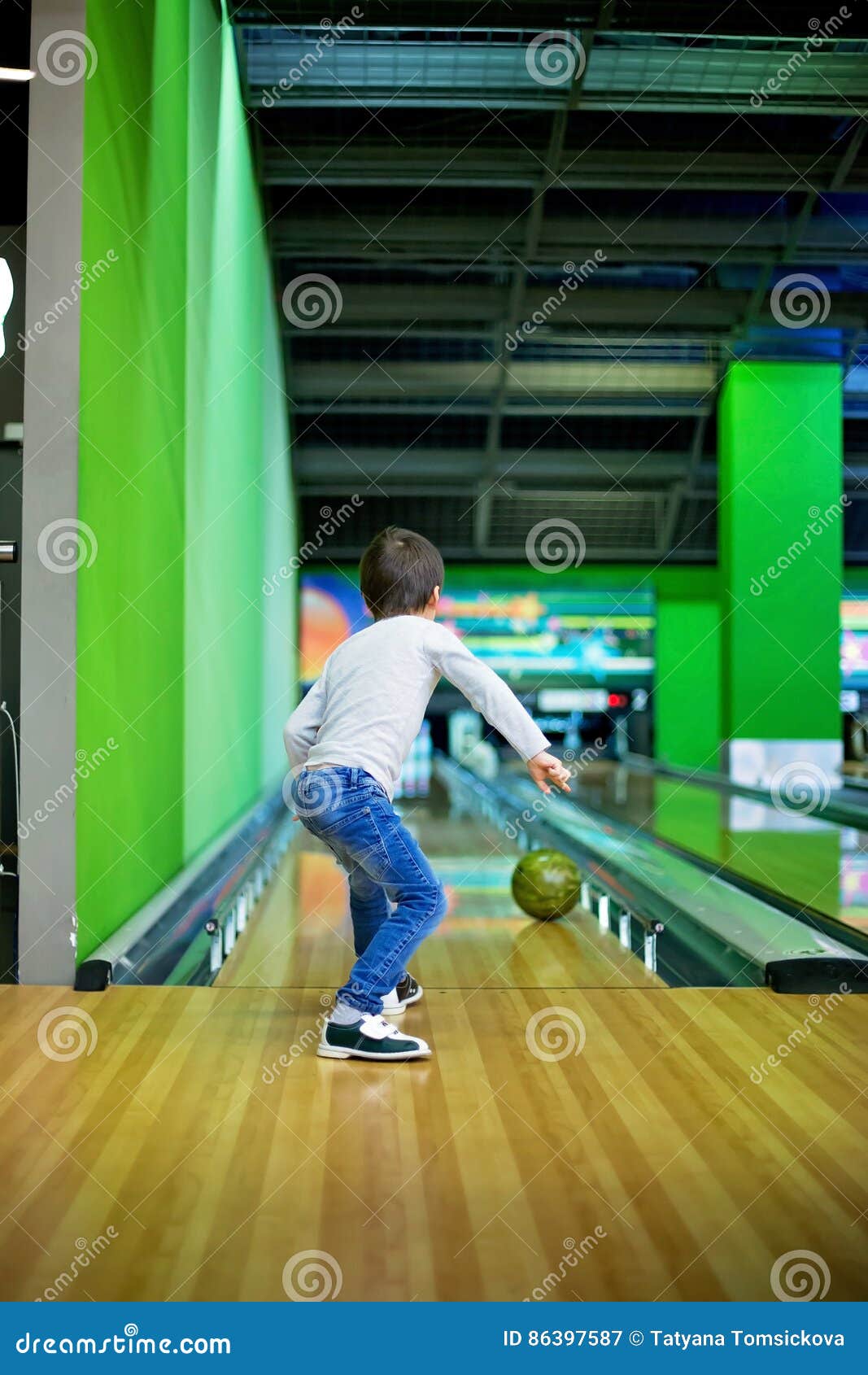 Young Boy, Playing Bowling Indoors Stock Image - Image of sport, bowl ...