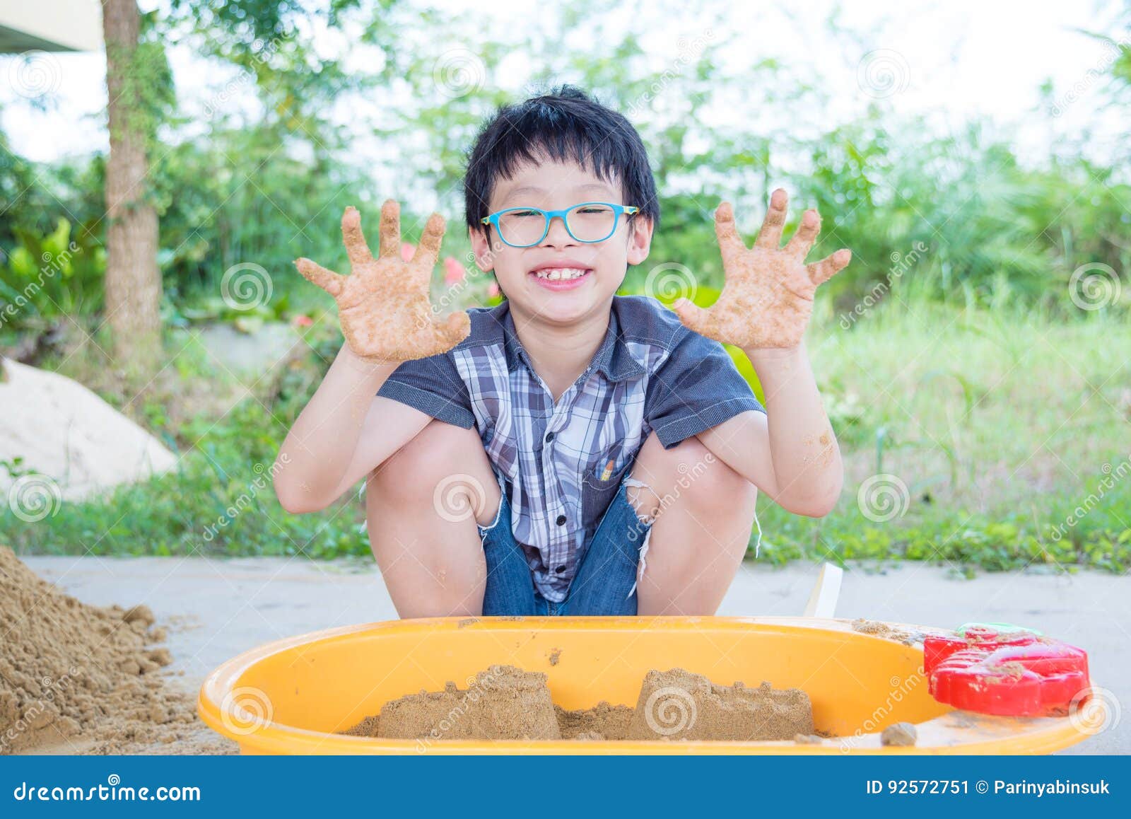 Young Boy Playing Sand in Sandbox Stock Image - Image of summer ...