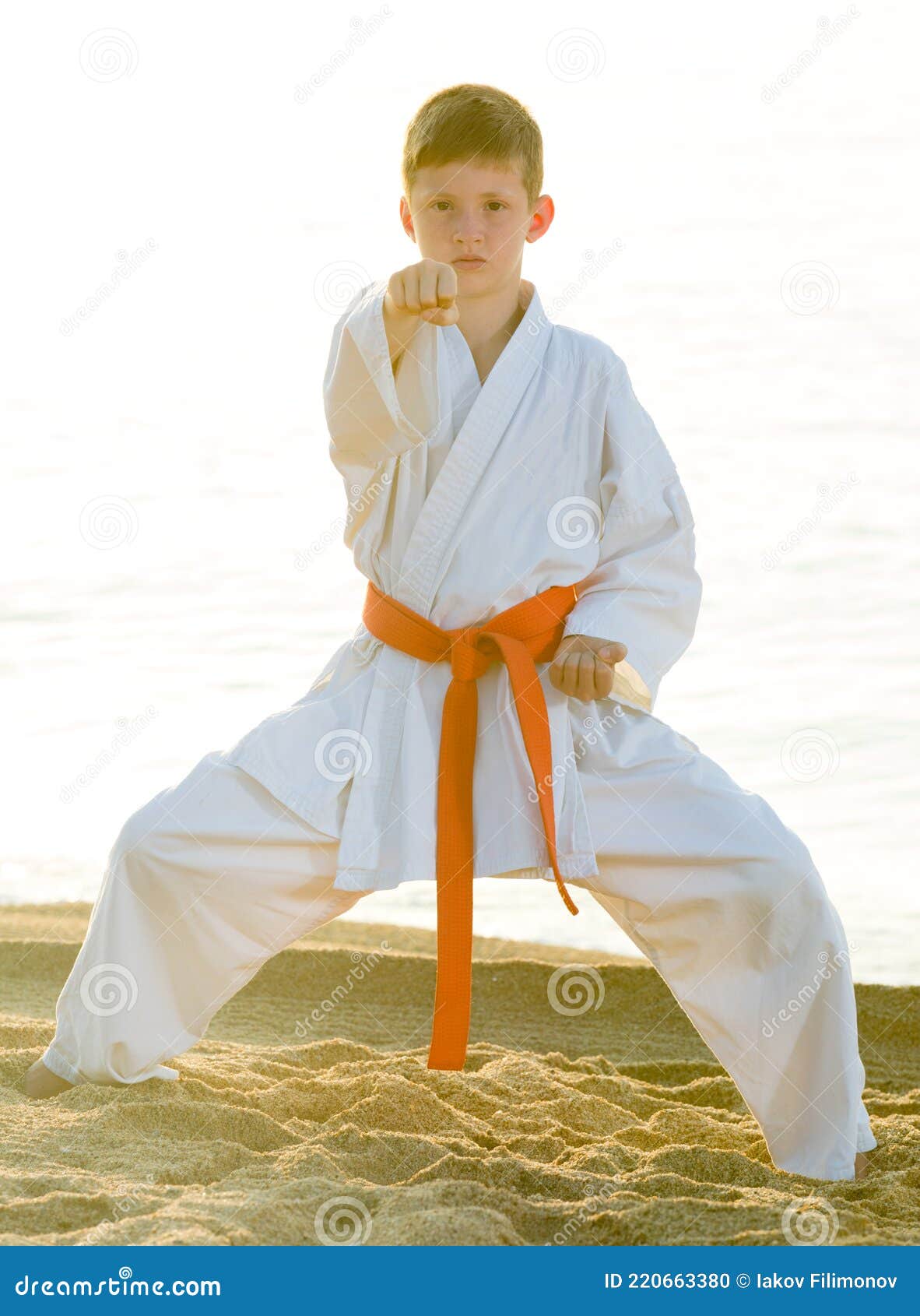 Young Boy Practising Karate Poses at Seaside Stock Photo - Image of ...
