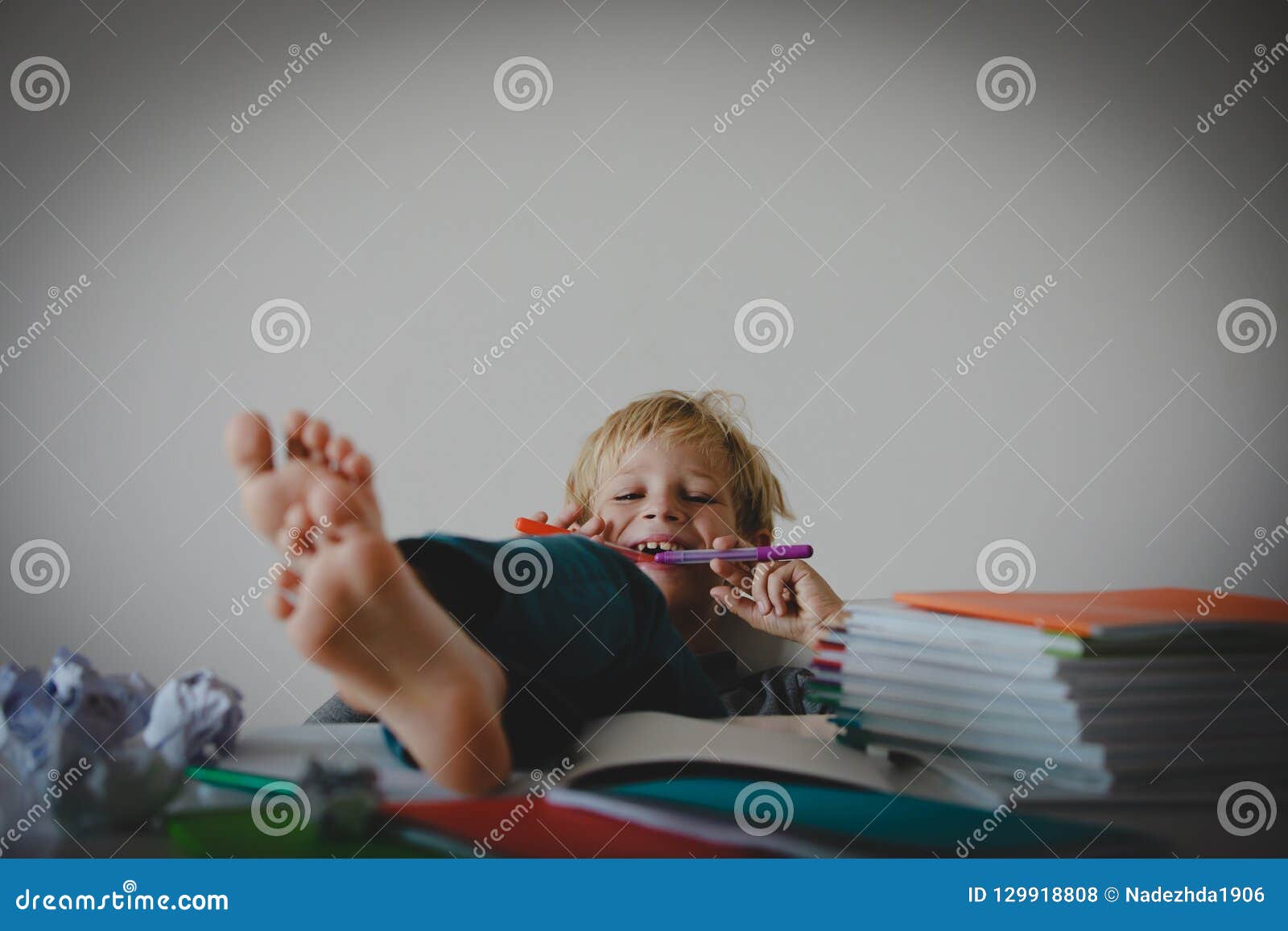 Young Boy Pretend Doing Homework Relaxed at Home Stock Photo - Image of ...