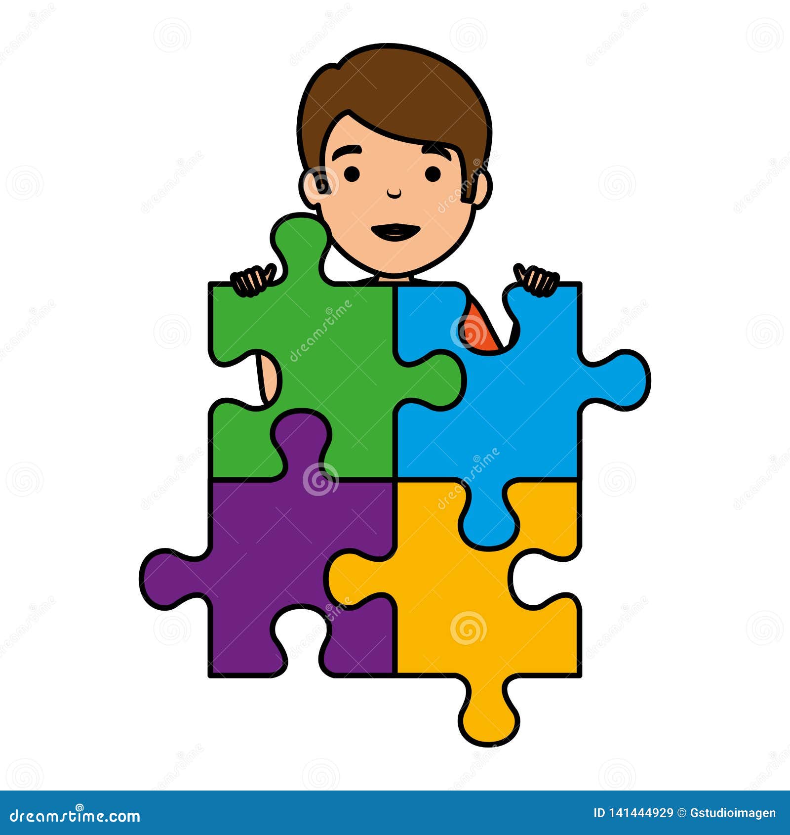 Young Boy with Puzzle Attached Stock Vector - Illustration of leisure ...