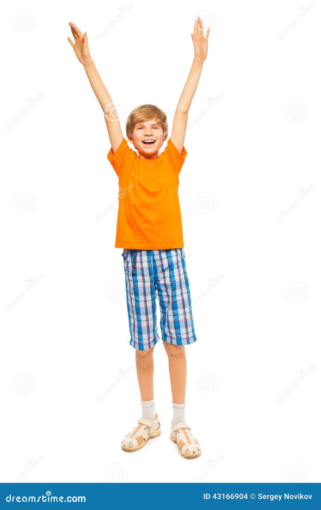 Young boy raises hands up stock photo. Image of blond - 43166904