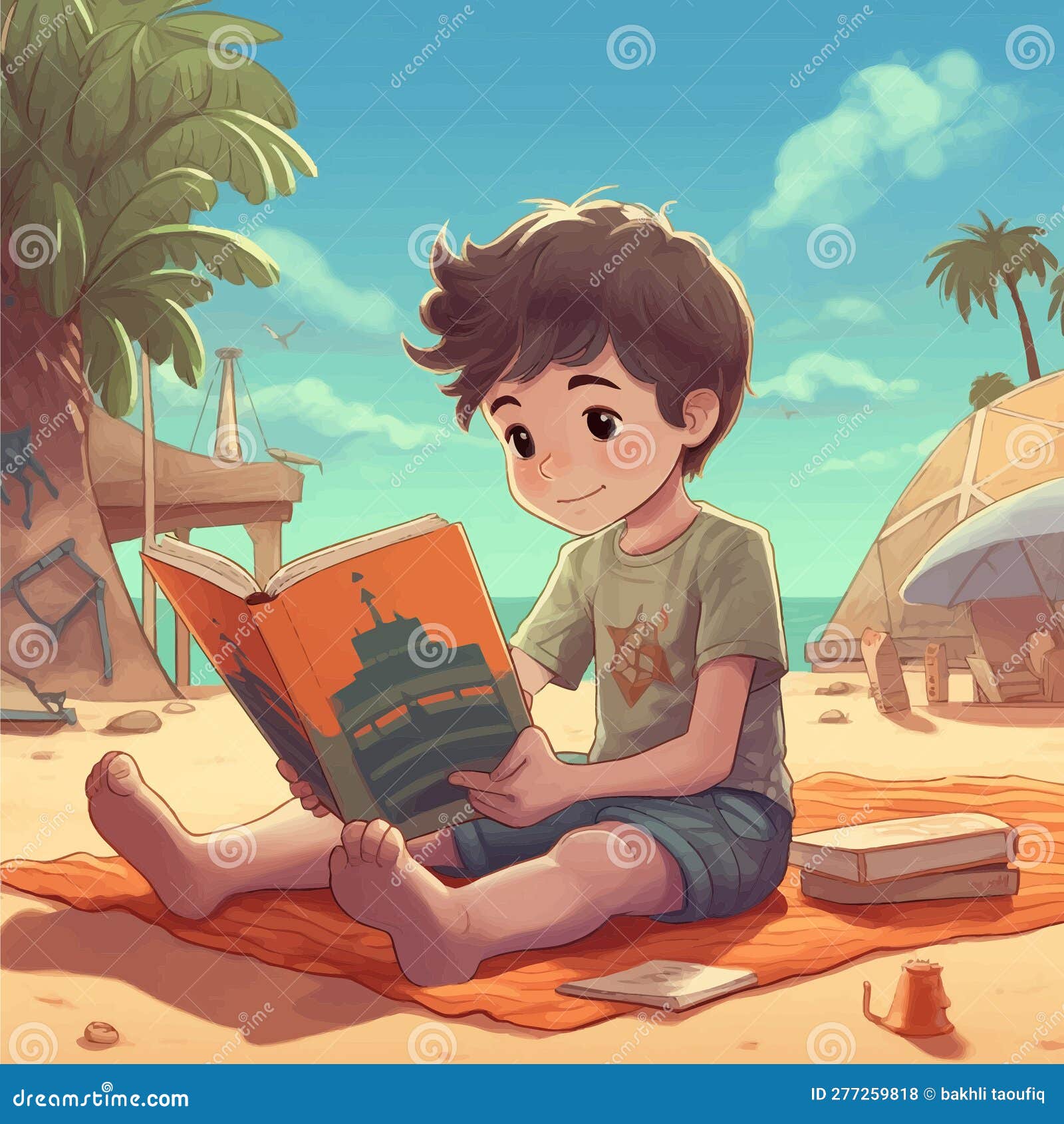 A Young Boy Reading at the Beach Stock Vector - Illustration of jungle ...