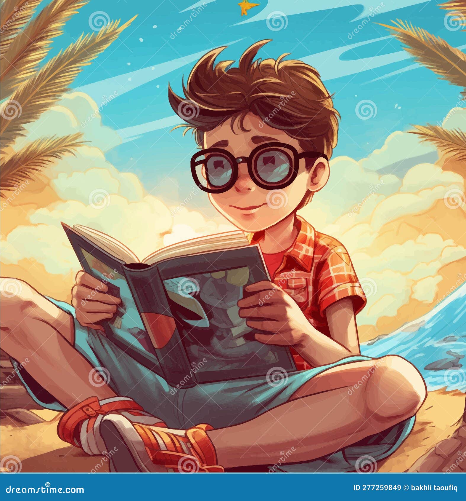 A Young Boy Reading at the Beach Stock Vector - Illustration of beauty ...