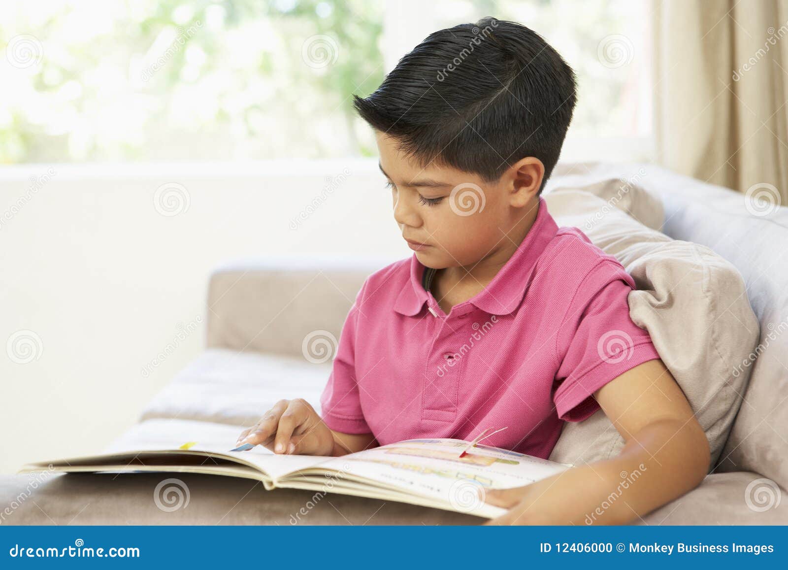 Young Boy Reading Book At Home Stock Photo - Image: 12406000