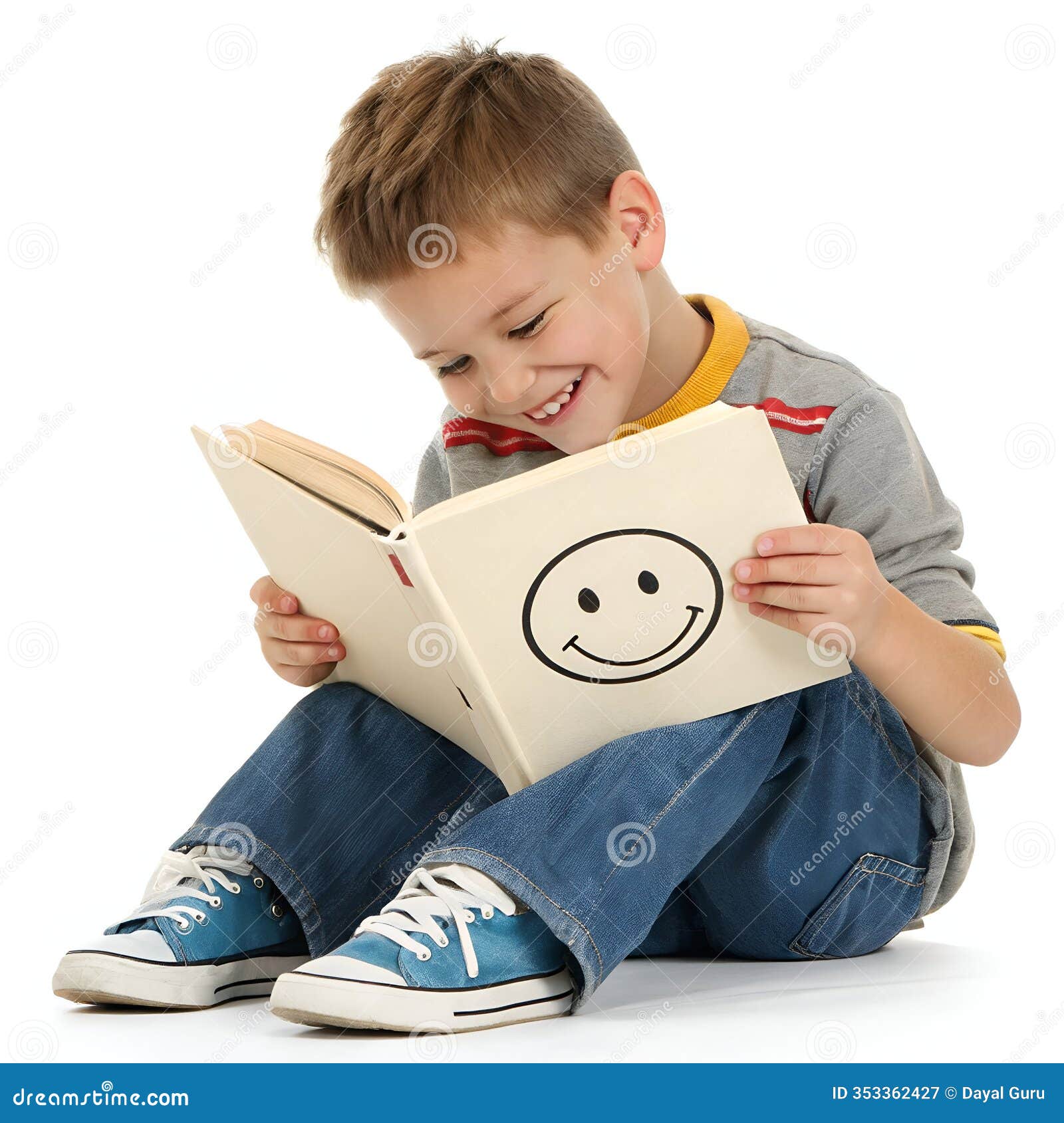 Young Boy Reading a Book with a Smiley Face Isolated on White ...