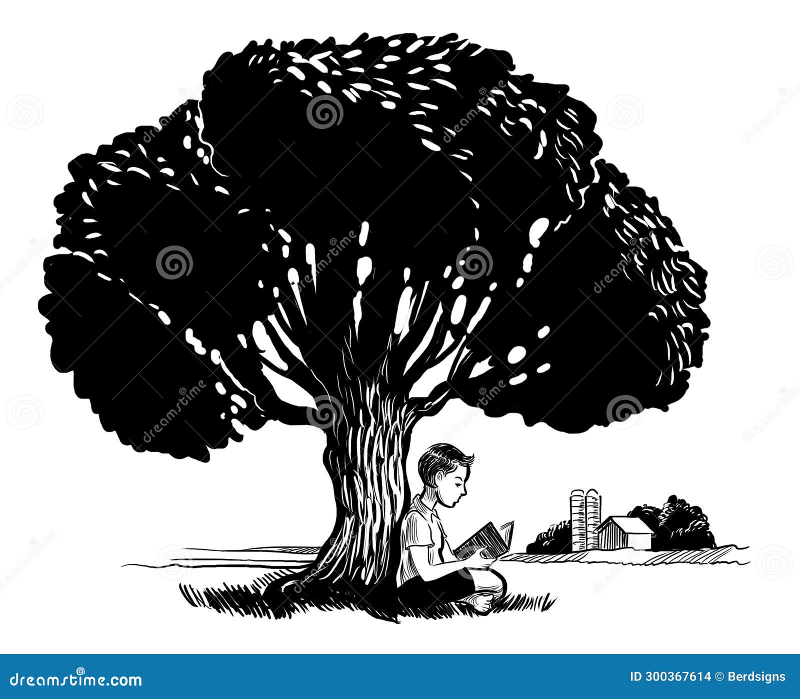 Young Boy Reading a Book Under the Tree Stock Illustration ...