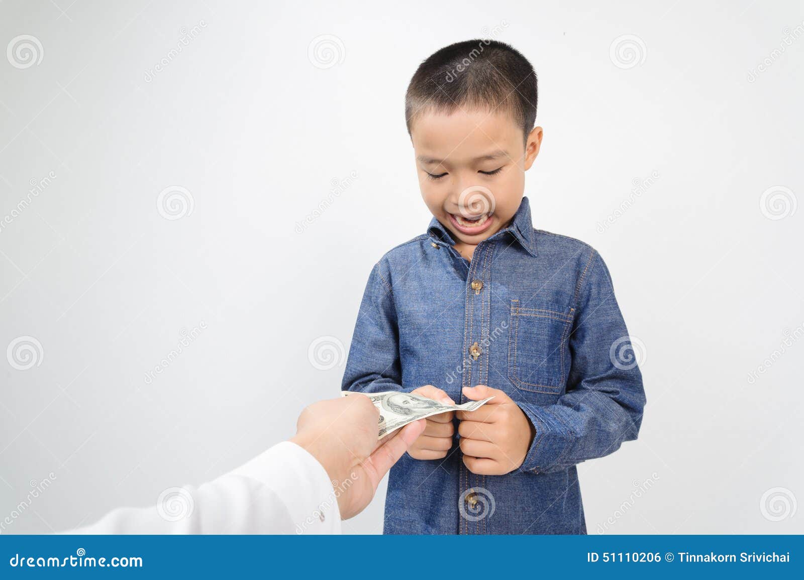 Young Boy Receive American Bank Note from Hand Stock Photo - Image of ...