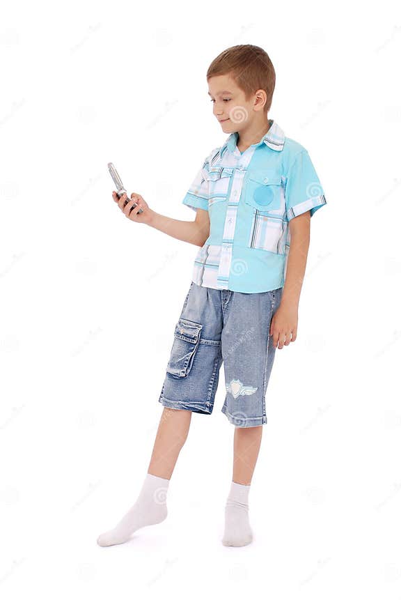 Young Boy Send Text Message with Phone Stock Photo - Image of indoors ...