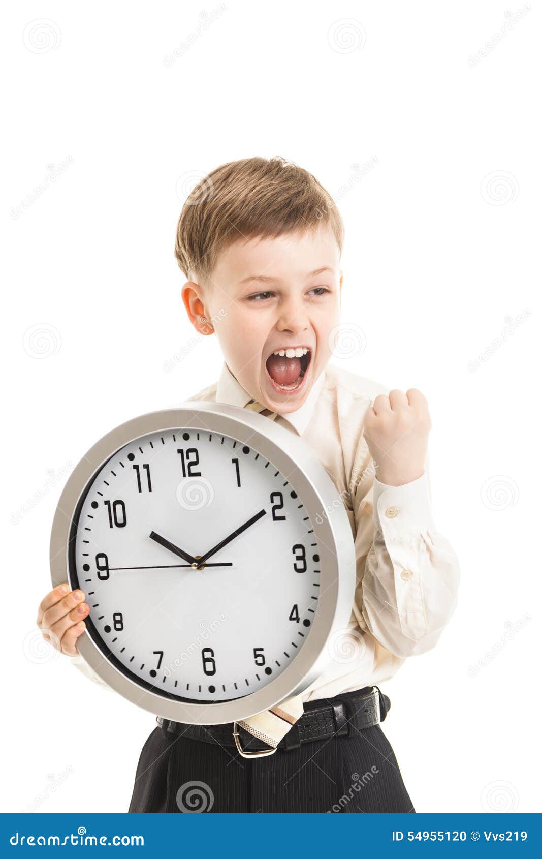 Young Boy Shout Victoriously with a Clock Stock Photo - Image of shirt ...