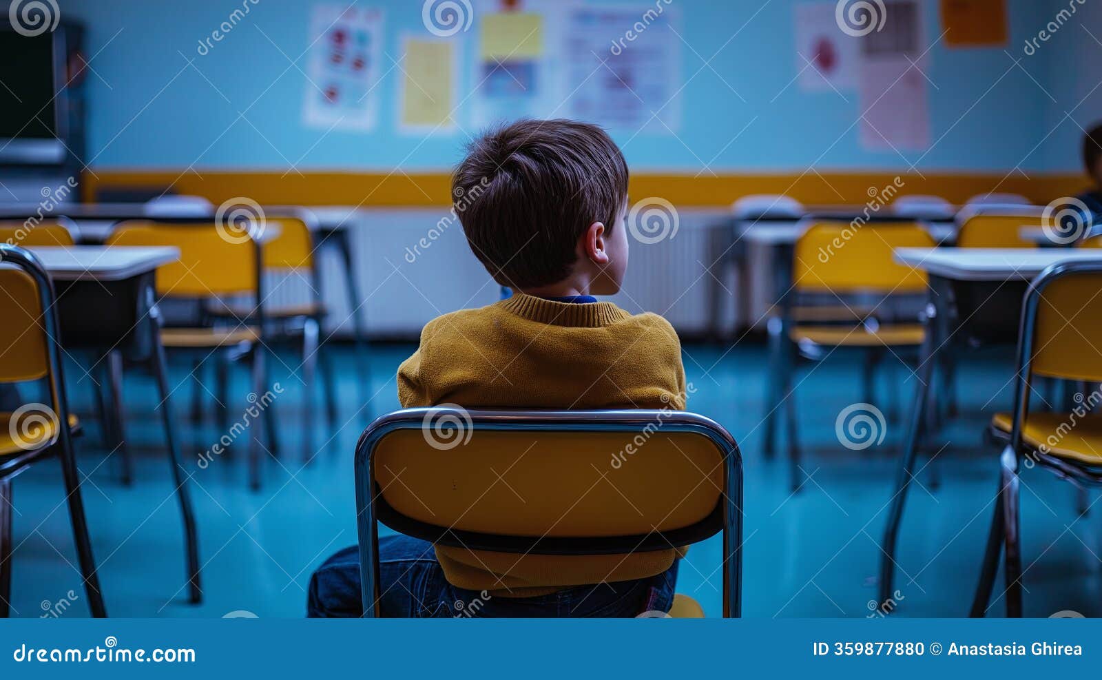 A Young Boy Sits Alone at a Desk in an Empty Classroom, Symbolizing ...