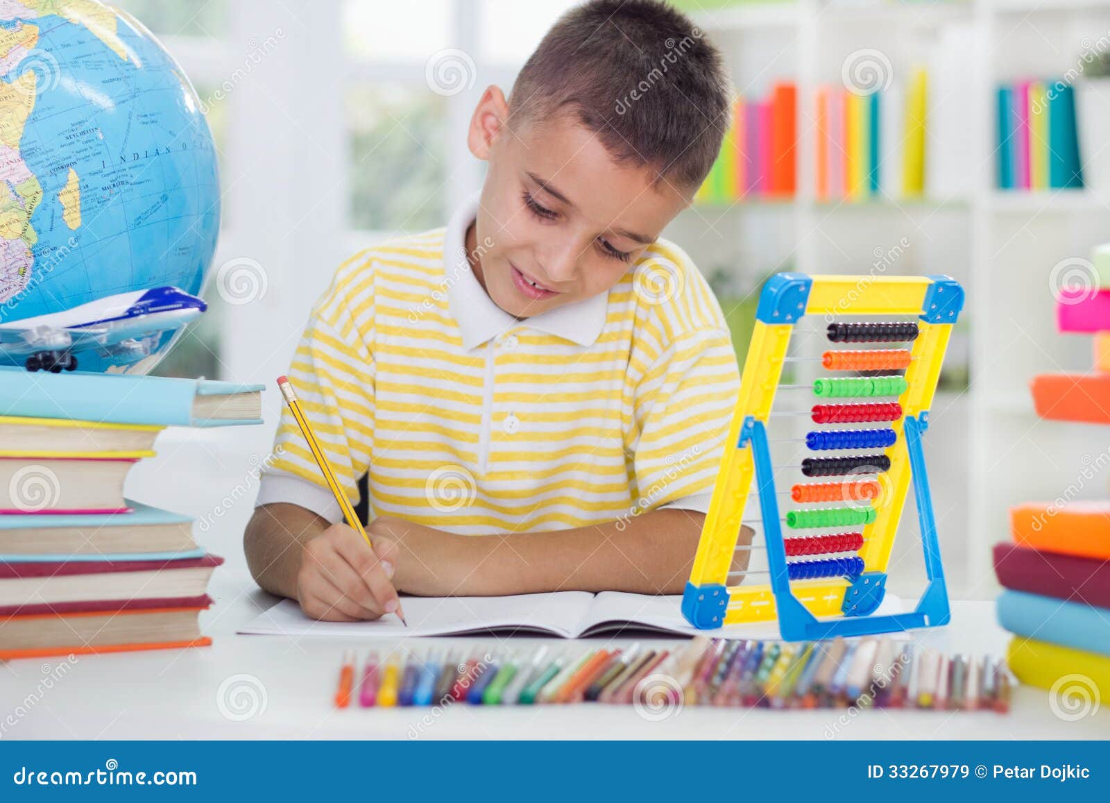 Young Boy Sitting at His Desk at Home and Learn Stock Image - Image of ...