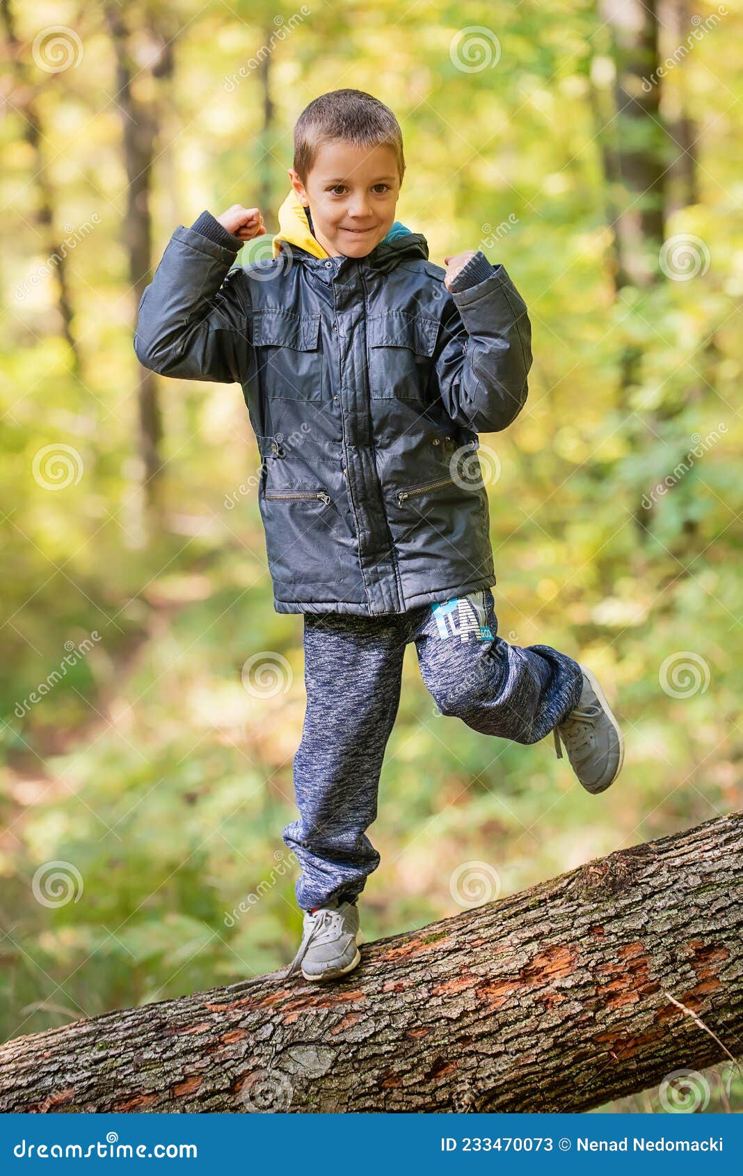 Young Boy Standing on Fallen Down Tree Trunk and Catching Balance Stock ...