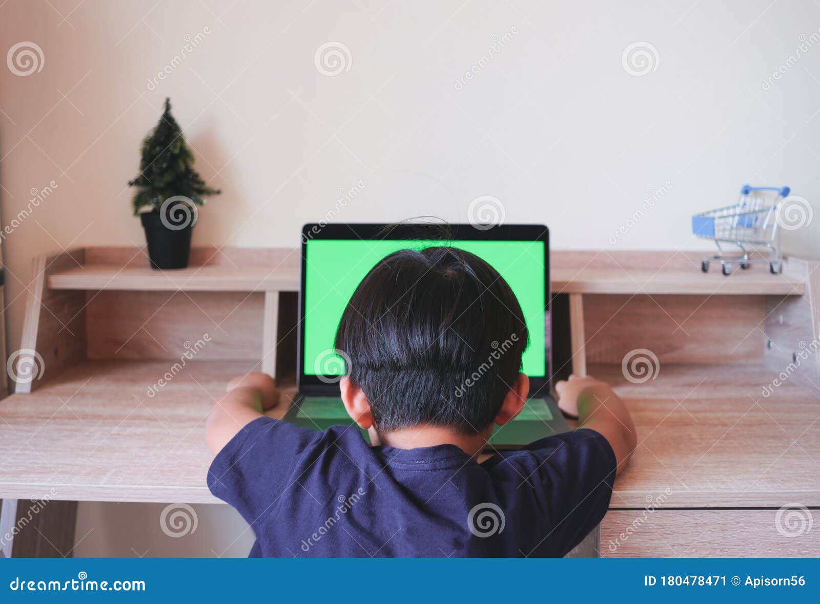 Young Boy Stay at Home while Watching Something on Laptop from Behind ...
