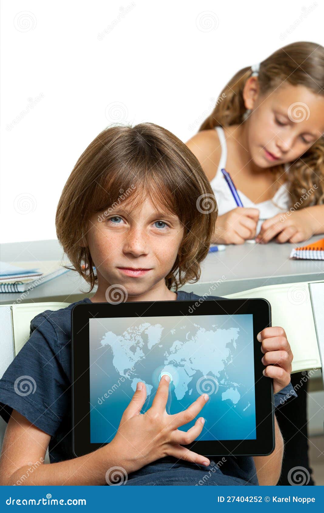 Young Boy Student Showing World Map on Tablet. Stock Photo - Image of ...