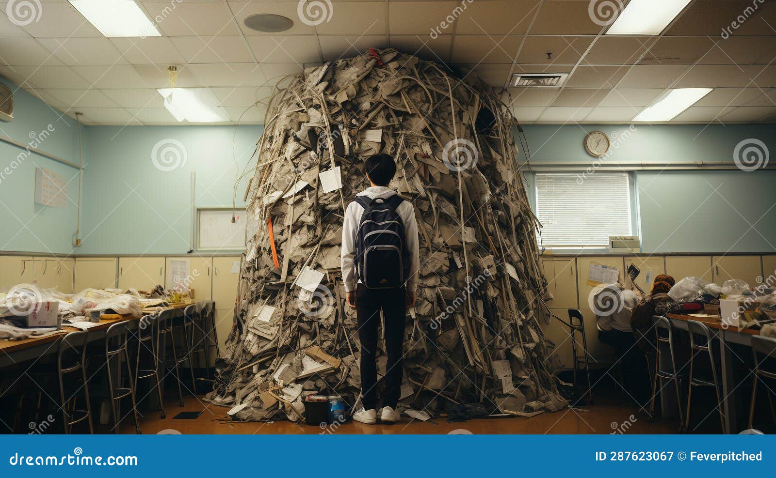 Young Boy Student Standing Bewildered in Front of a Towering Pile To ...