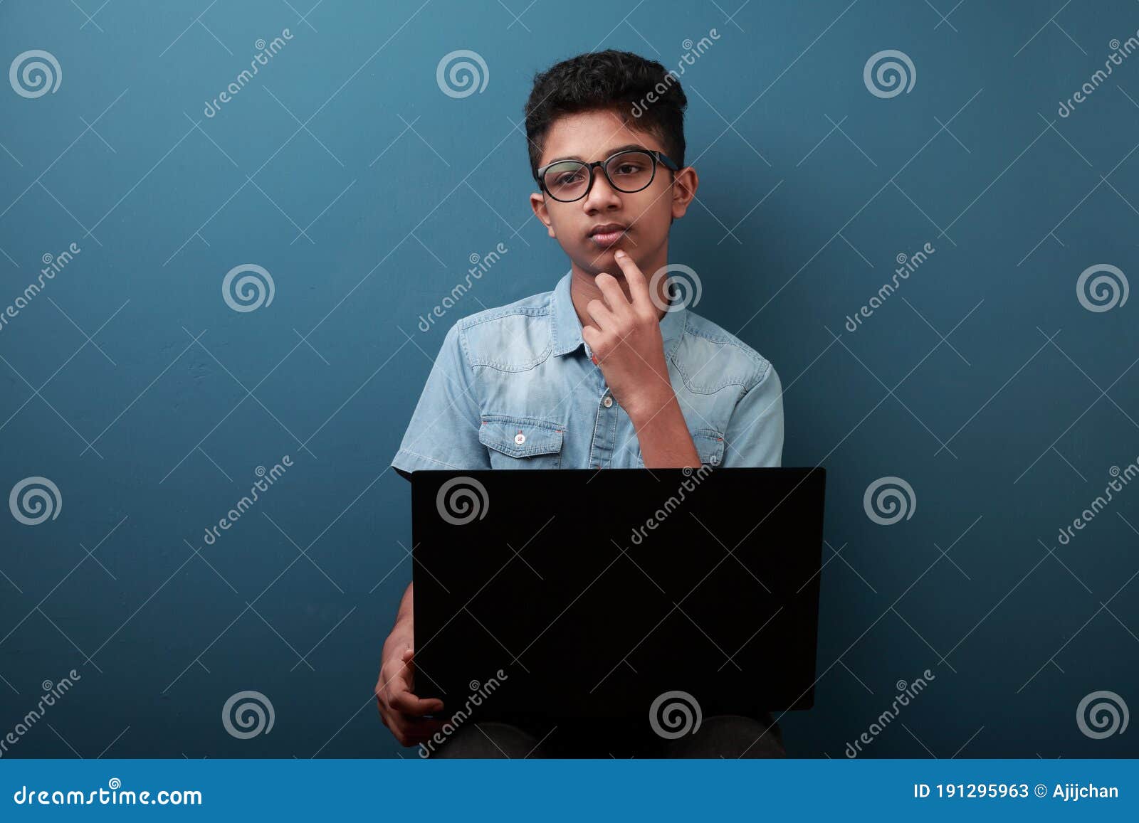 Thinking Young Boy with Laptop Stock Image - Image of room, computer ...