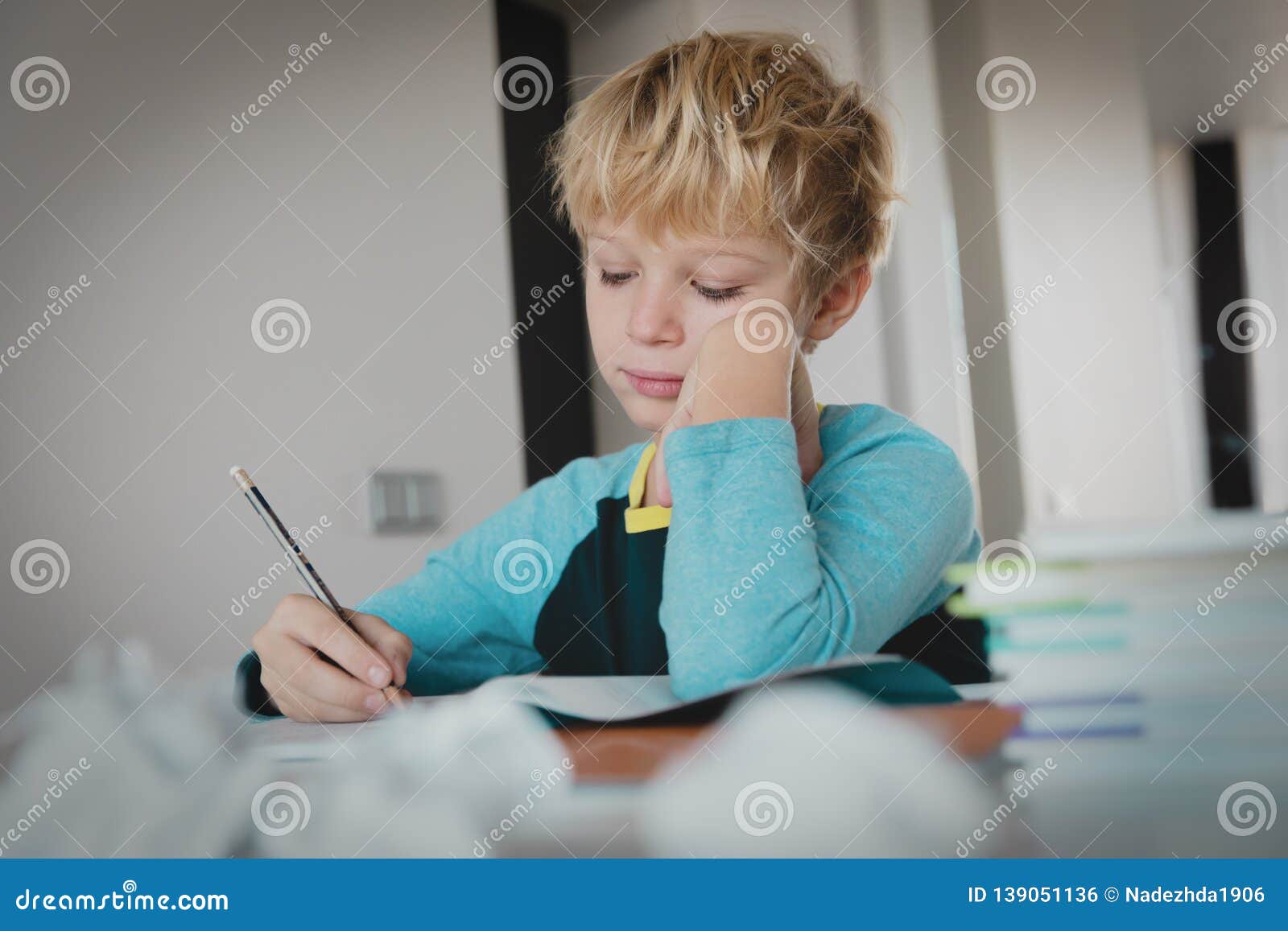 Young Boy Tired Stressed of Writing, Doing Homework Stock Photo - Image ...