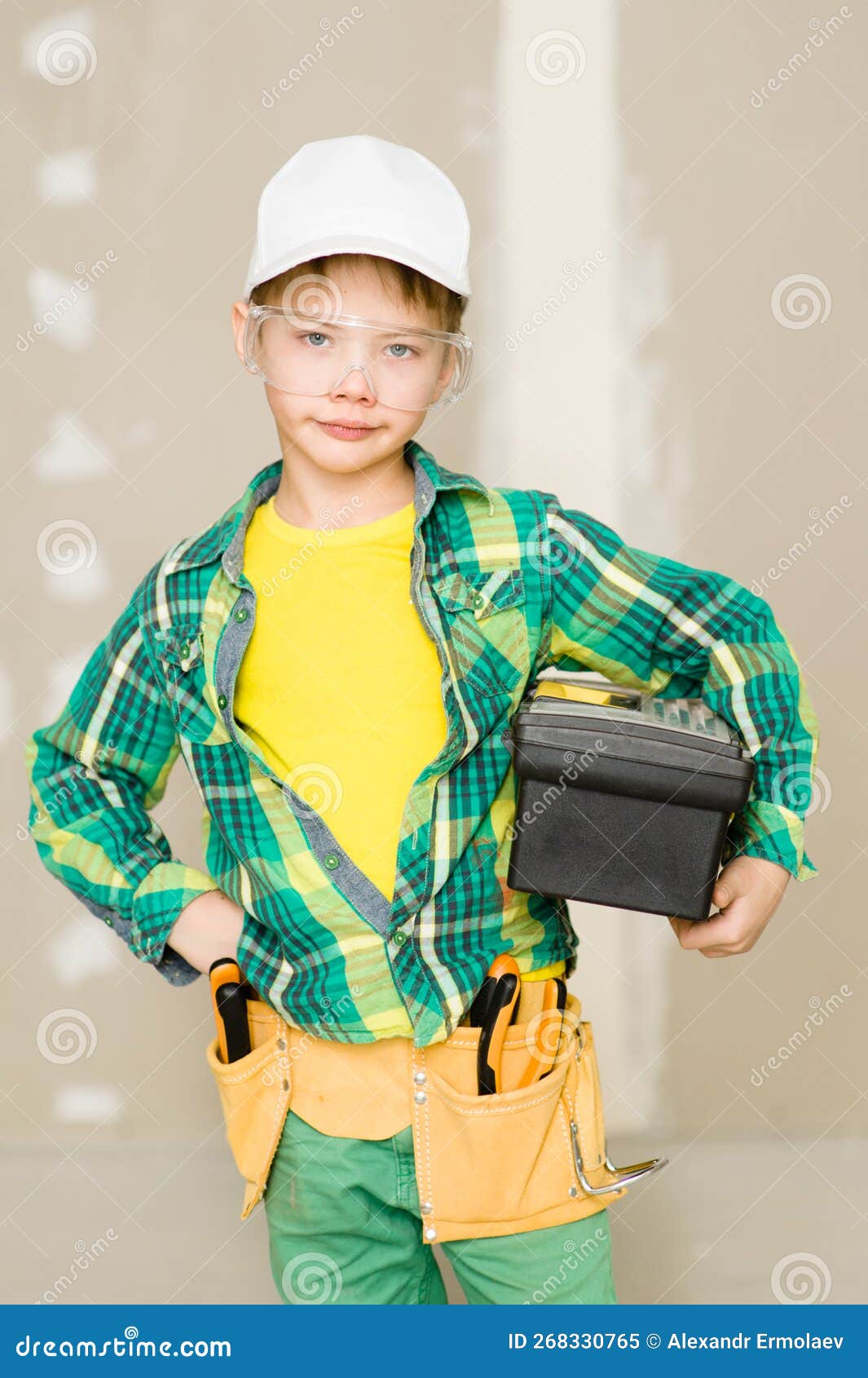 Young Boy with Tool Belt Holding Toolbox Stock Image - Image of person ...