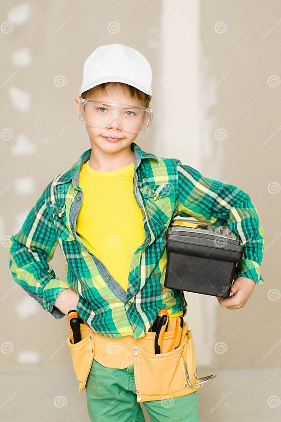 Young Boy with Tool Belt Holding Toolbox Stock Image - Image of person ...