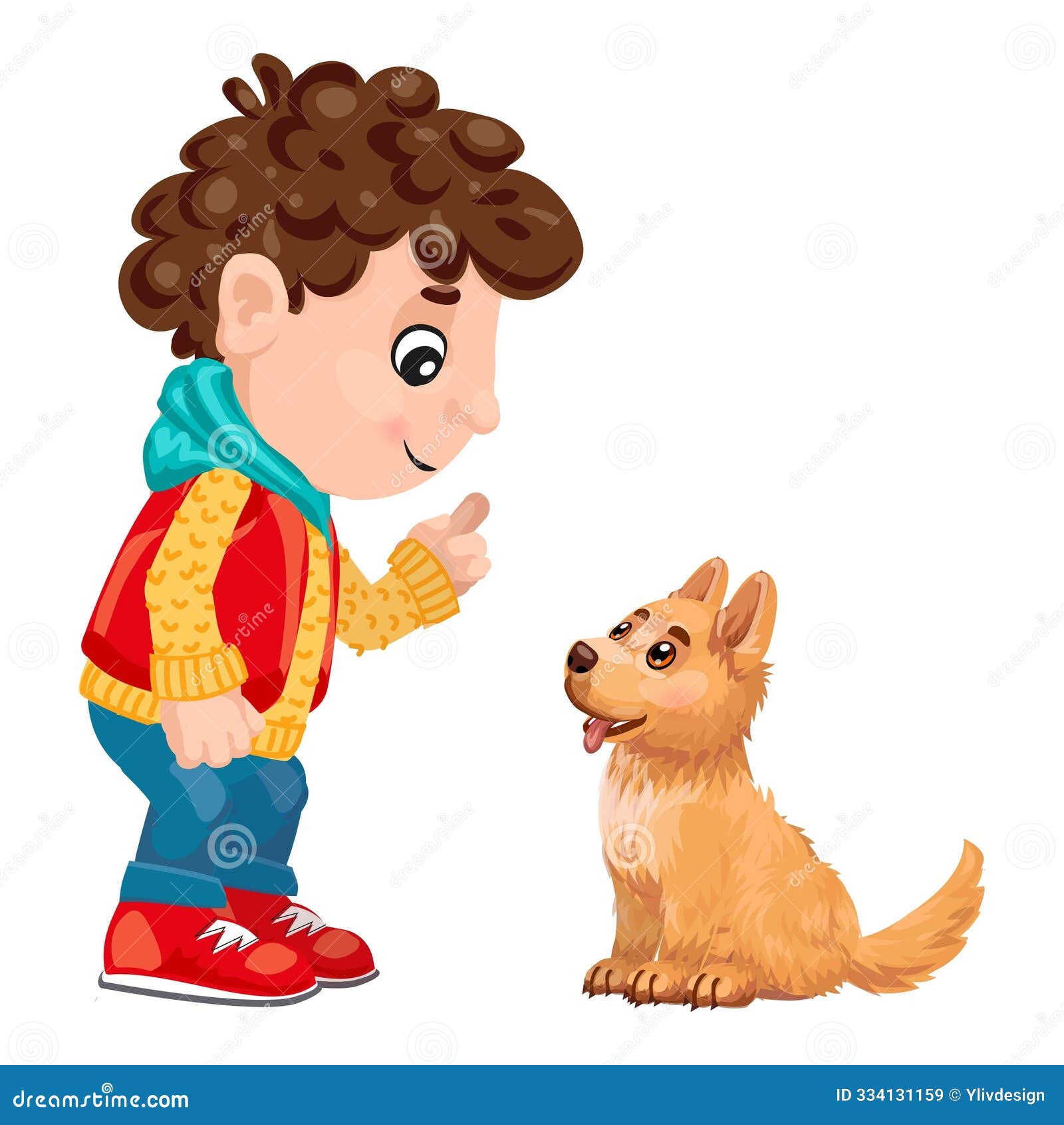 Young Boy Training His Puppy Dog Pointing with Finger Stock ...