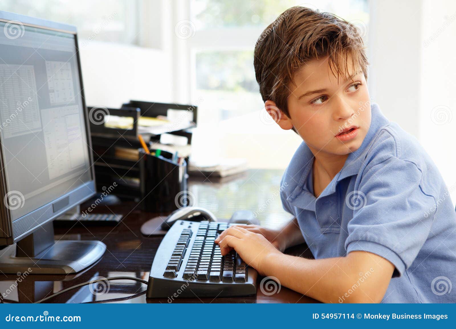 Young Boy Using Computer at Home Stock Photo - Image of vulnerable ...