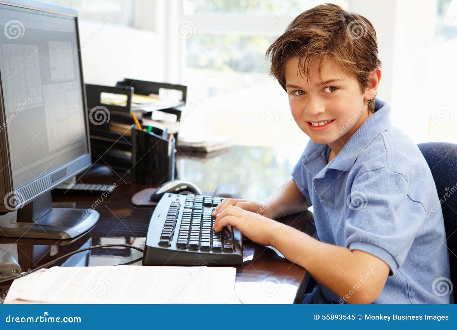 Young Boy Using Computer at Home Stock Image - Image of social, people ...