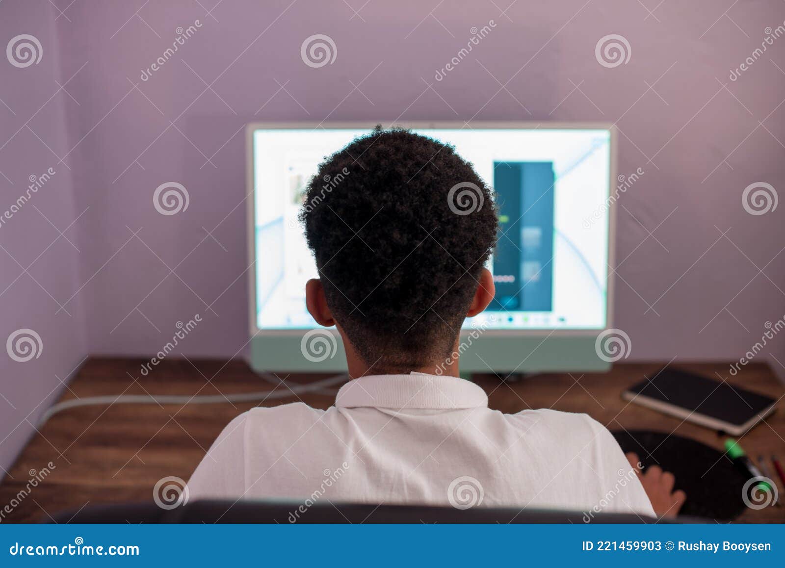 Rear View of Young Boy Working on Computer Stock Image - Image of ...