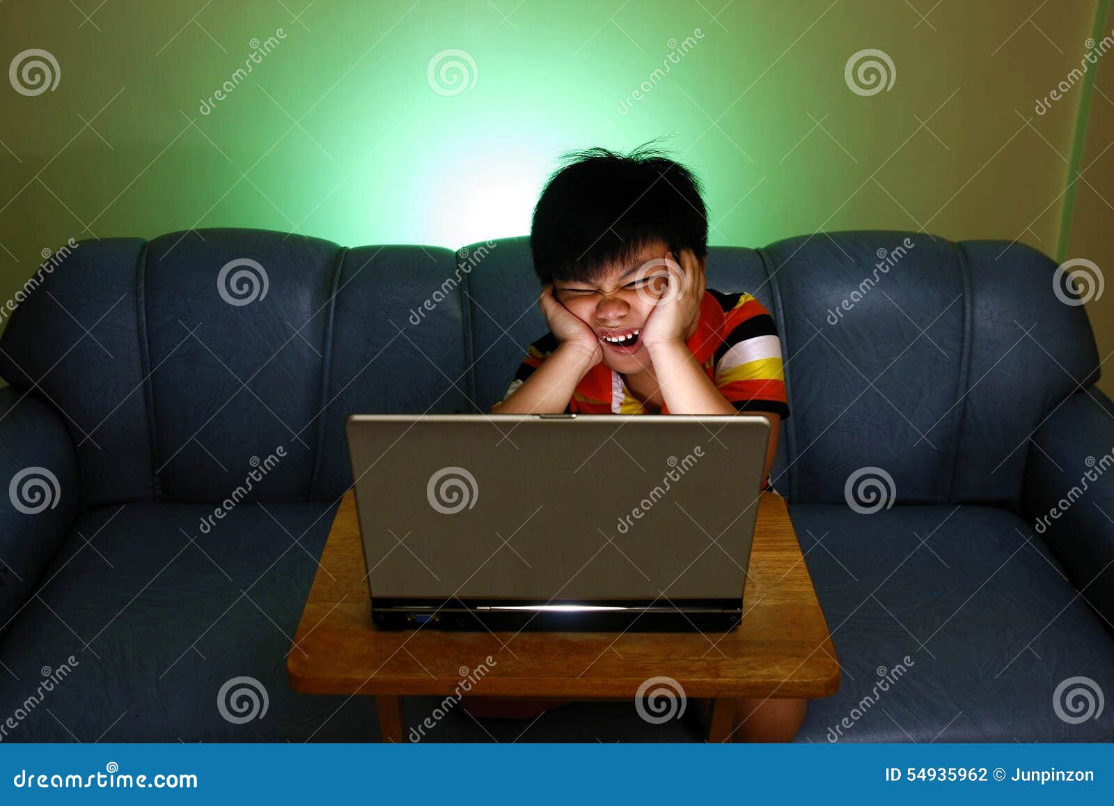 Young Boy Using a Laptop Computer and Smiling Stock Photo - Image of ...