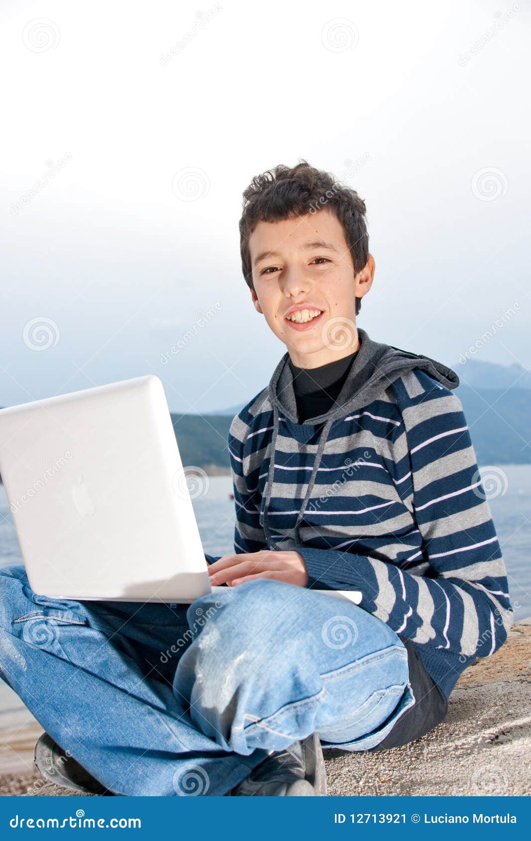 Young Boy Using Laptop Outside. Stock Image - Image of happiness, games ...